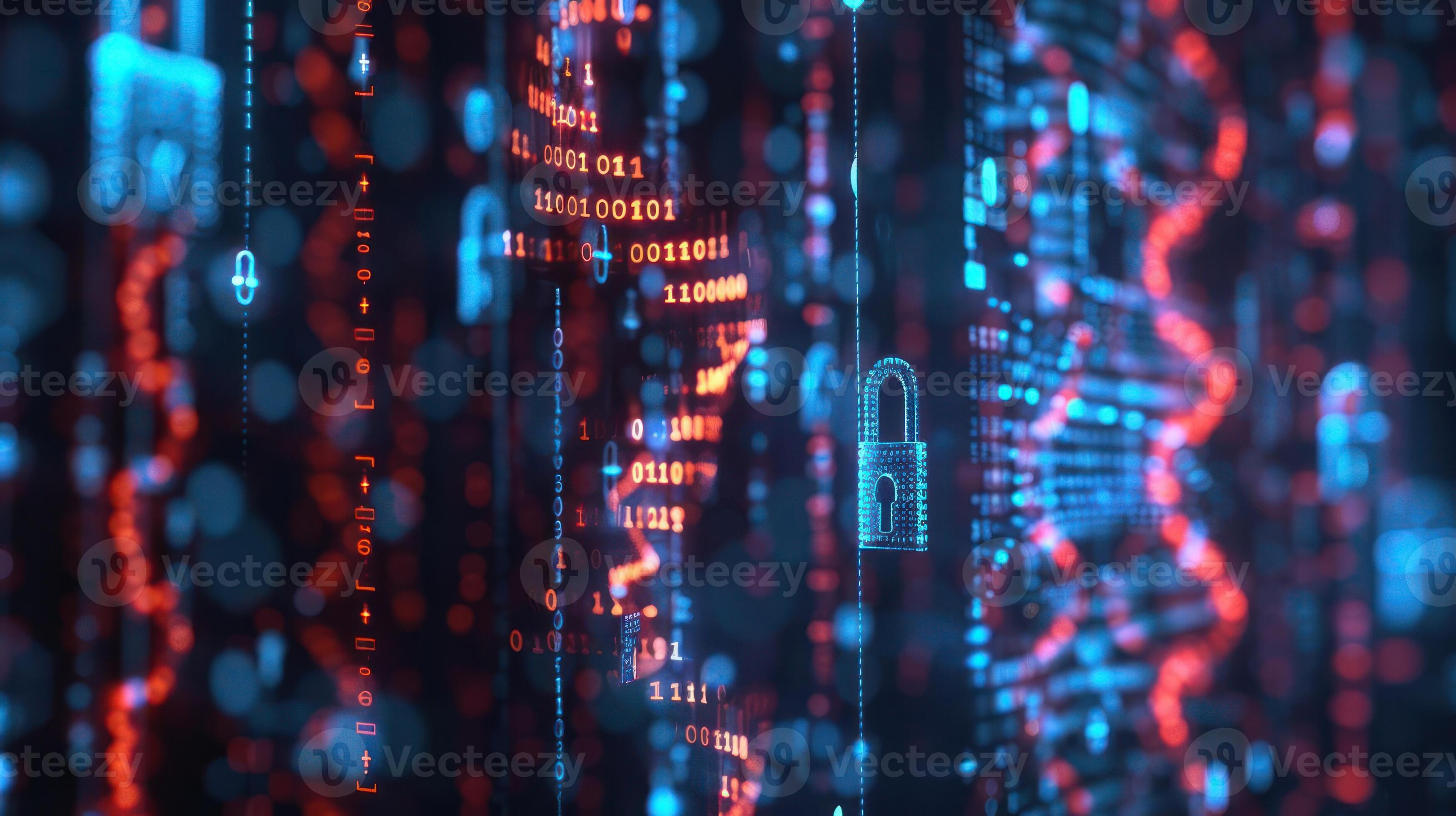 Abstract representation of digital security with binary code and lock symbols in a tech ...