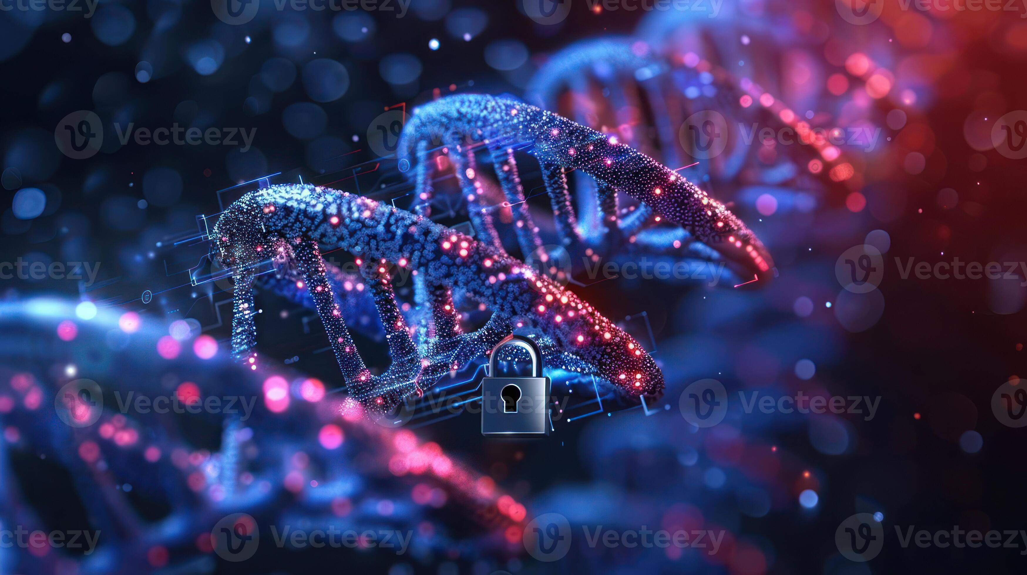 Abstract Representation Of Dna Strands With A Digital Lock Symbolizing