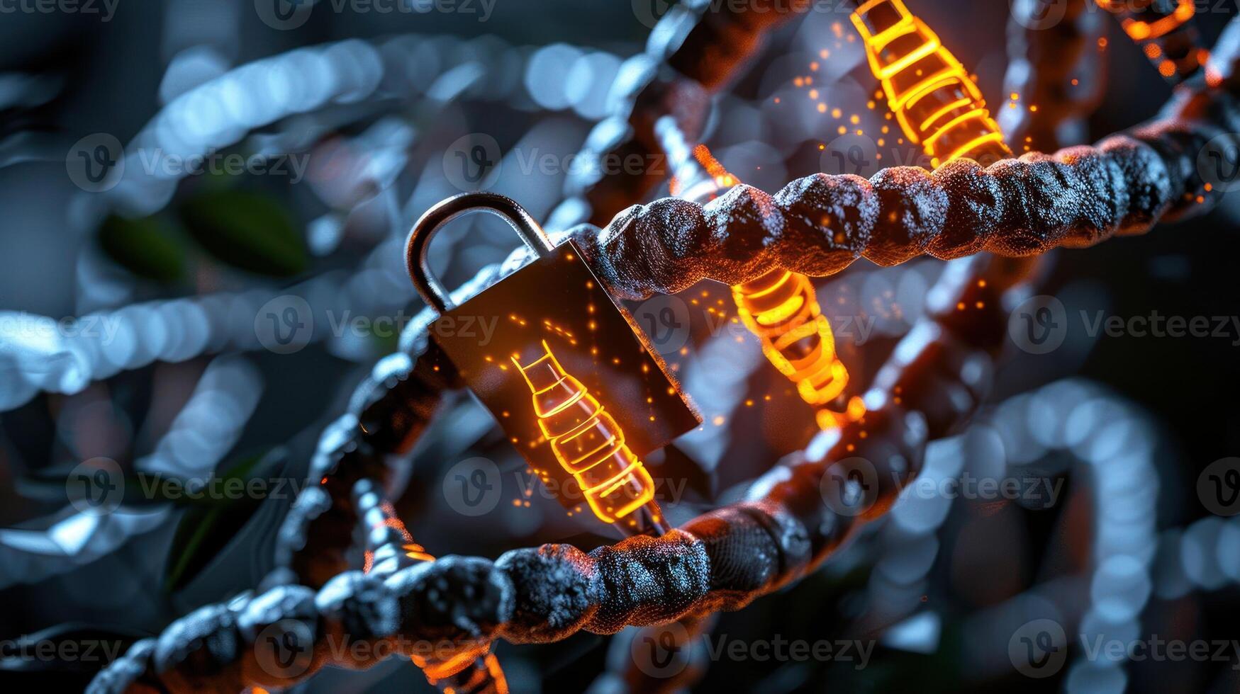 Abstract Representation Of Dna Strands Intertwined With A Padlock Symbolizing Genetic Security
