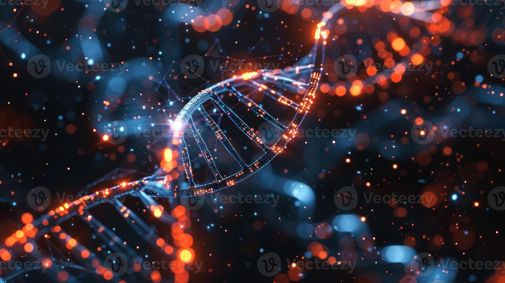 Abstract representation of a DNA double helix illuminated by vibrant particles in a cosmic ...