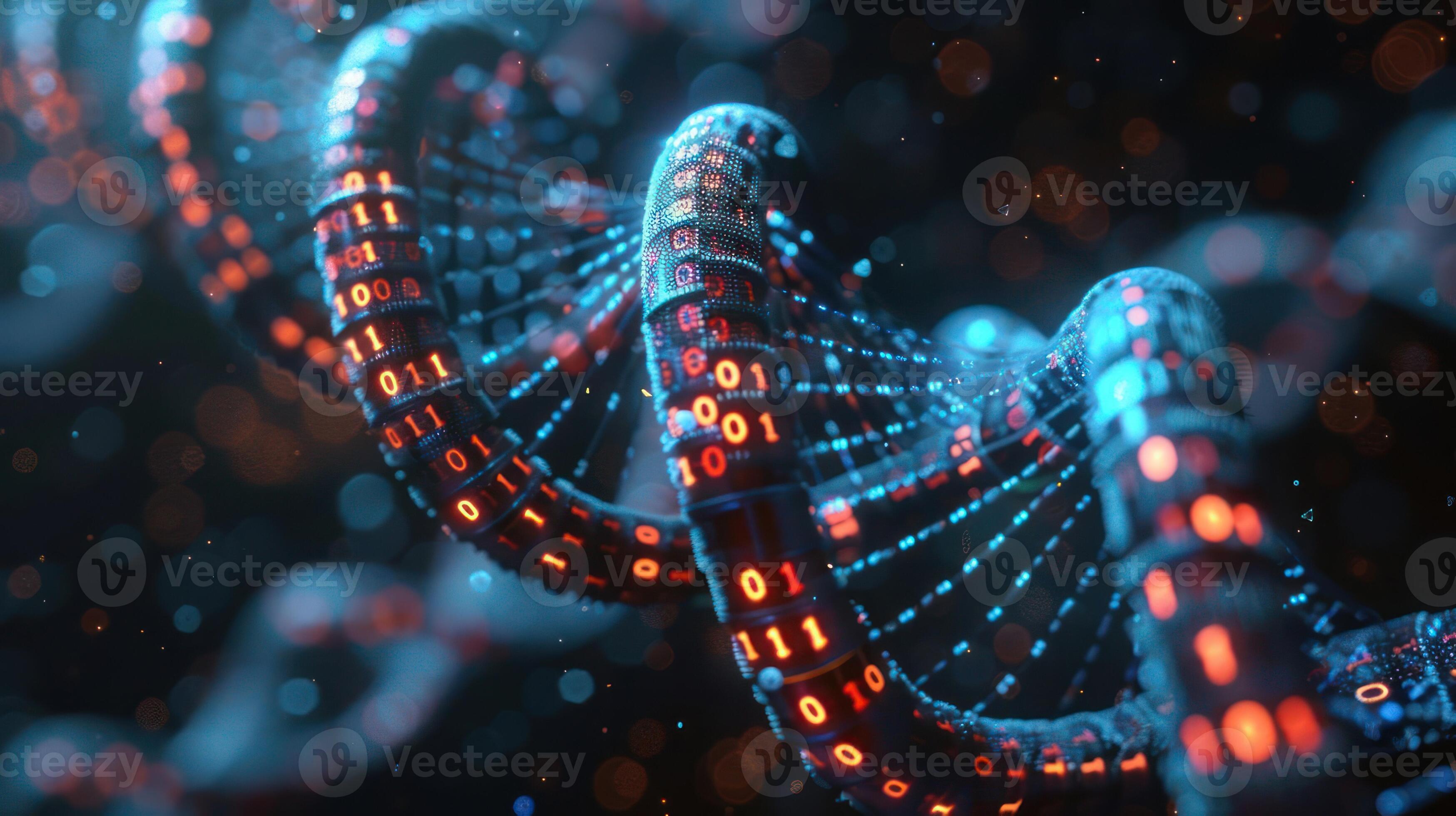 Abstract Representation Of Dna Strands Intertwined With Binary Code Symbolizing Technology And