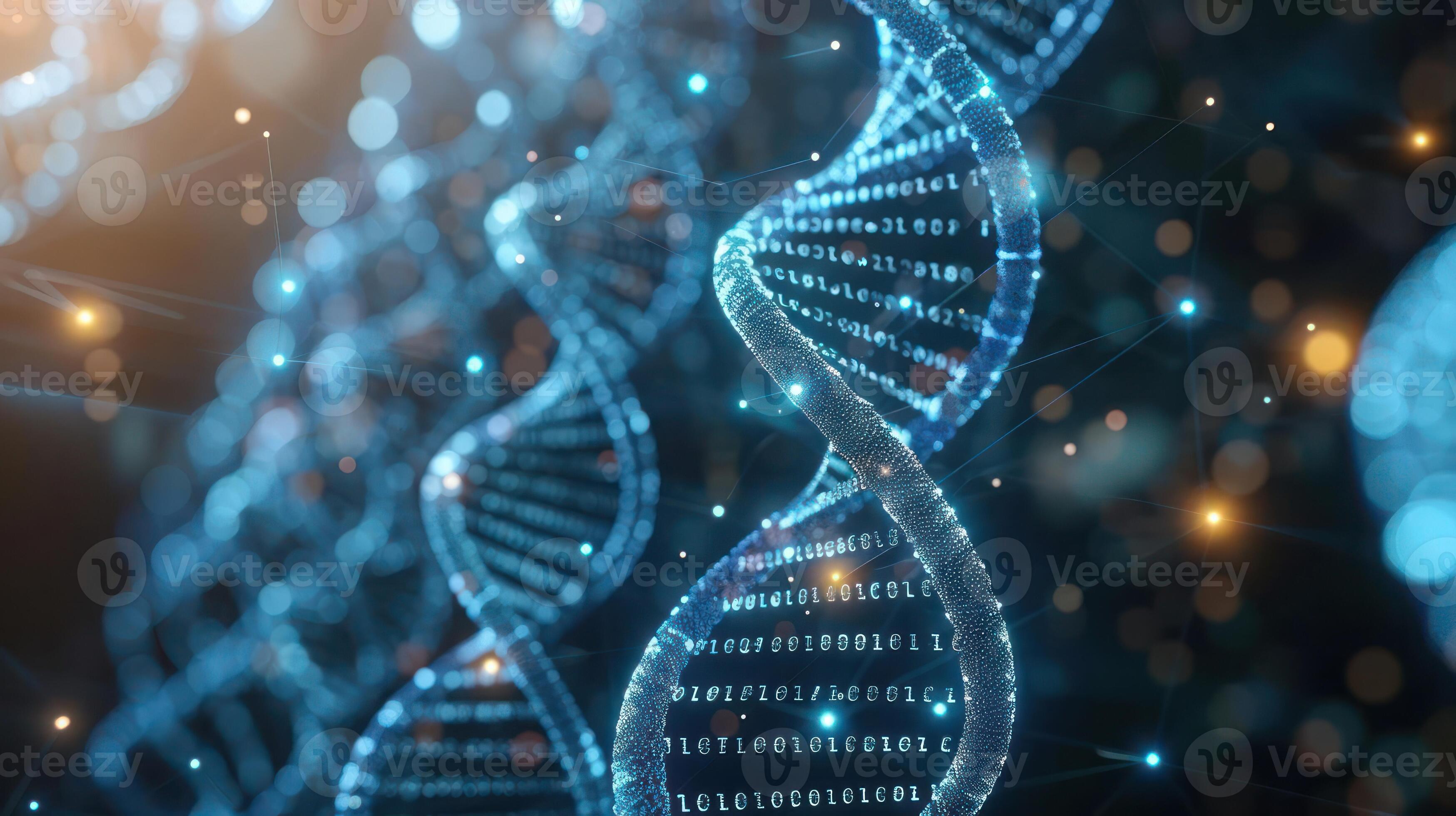 Abstract Visualization Of Dna Strands Intertwined With Binary Code In A