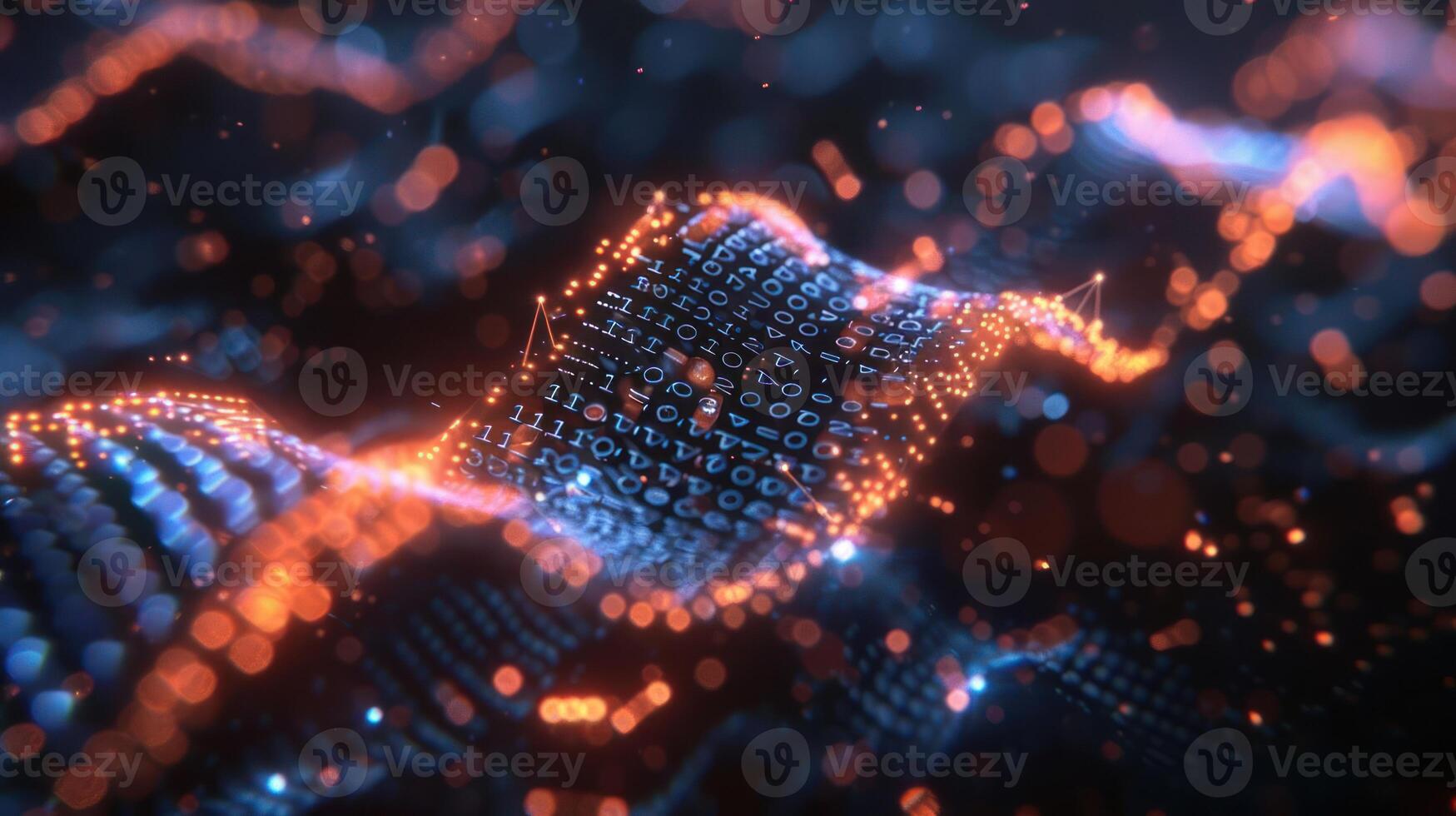 Abstract Digital Landscape With Flowing Binary Code And Glowing Particles Creating A Futuristic