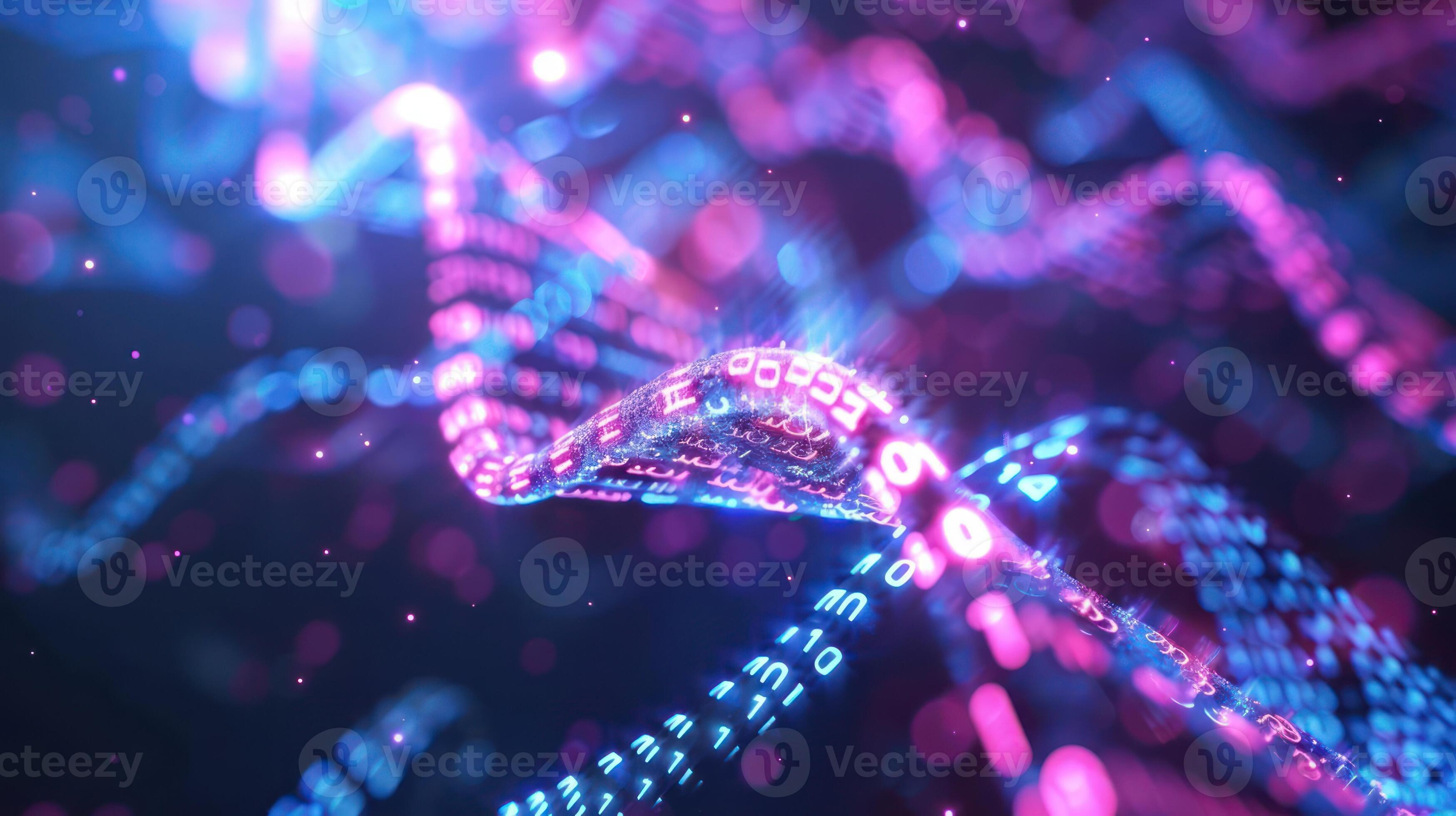 Abstract Digital Wave Of Glowing Binary Code Flowing Through A Dark Space Creating A Vibrant