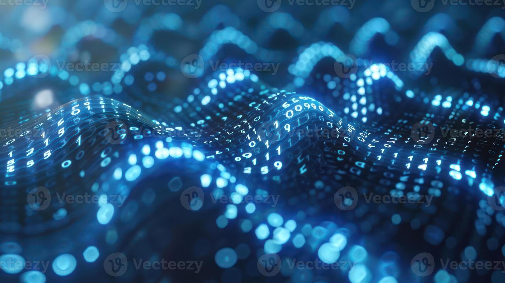 Abstract representation of flowing digital data waves with glowing binary code in a futuristic ...