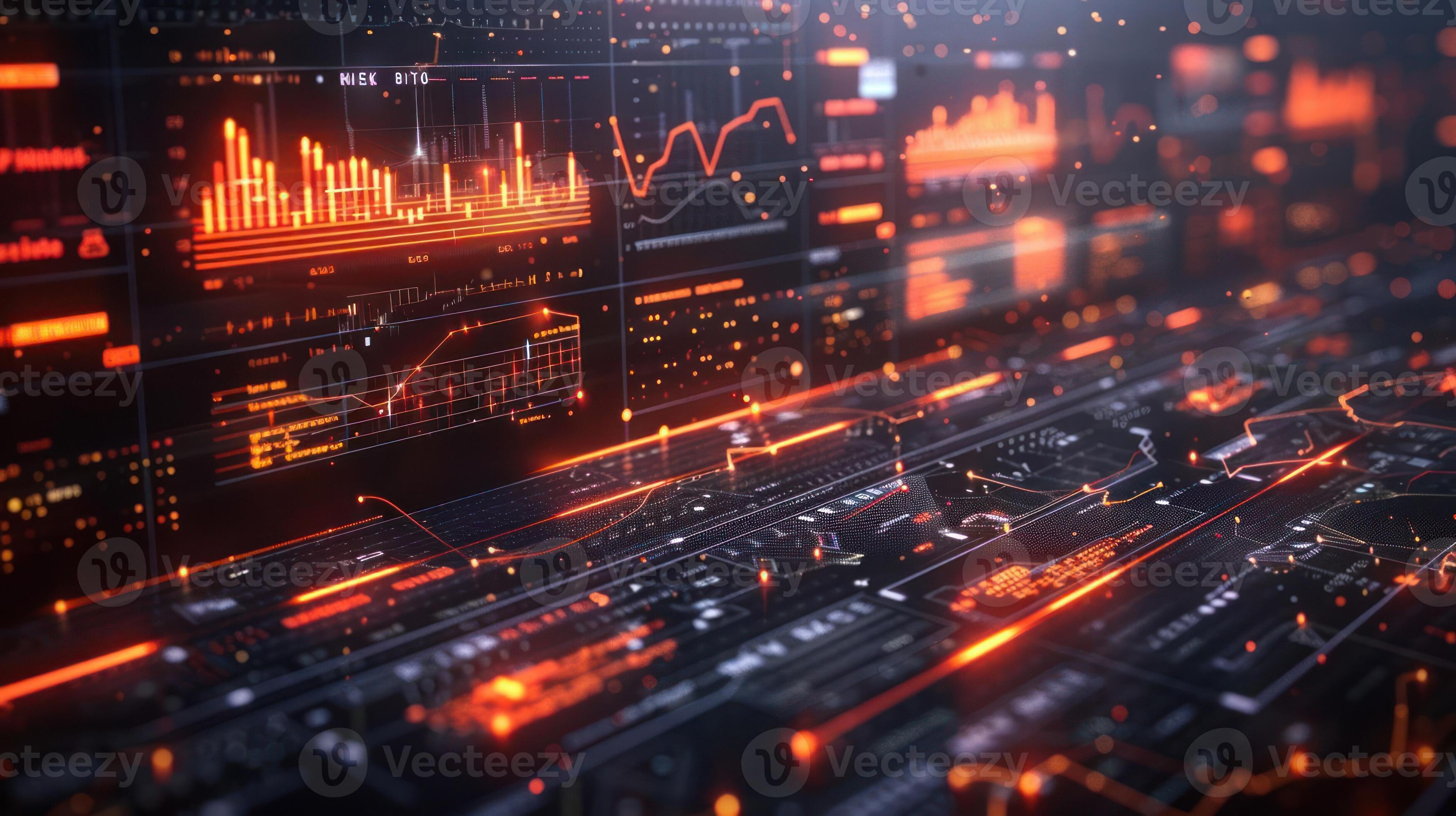 Futuristic data visualization interface with glowing graphs and analytics in a tech environment ...