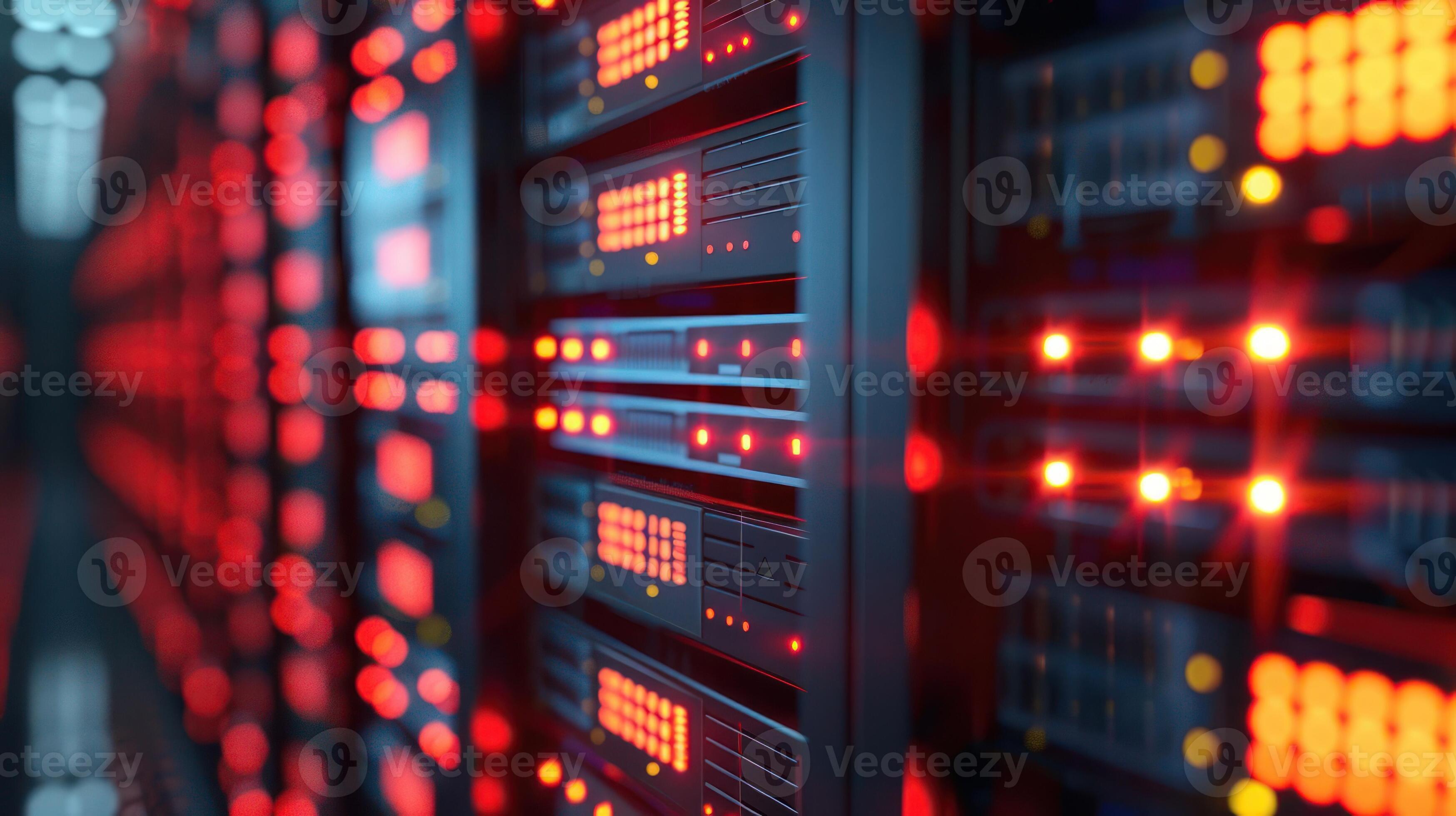 High-tech server room with illuminated racks, showcasing data processing and connectivity ...