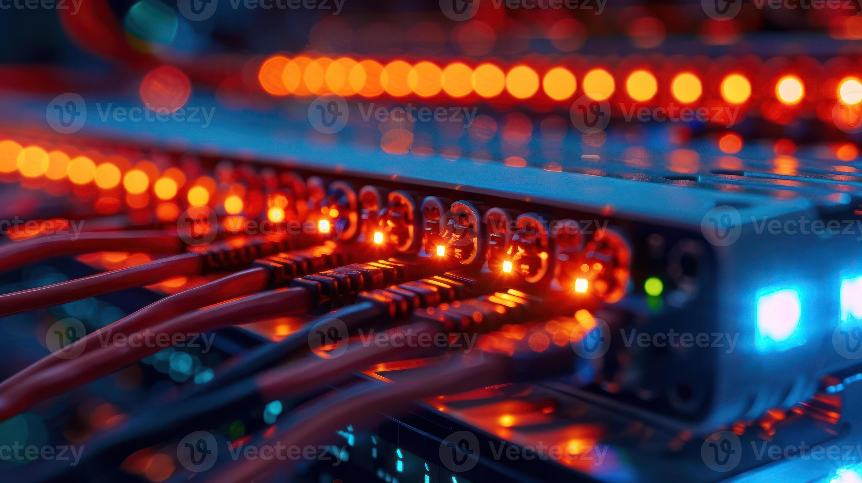 Close-up view of illuminated network cables connected to a server with glowing indicators ...