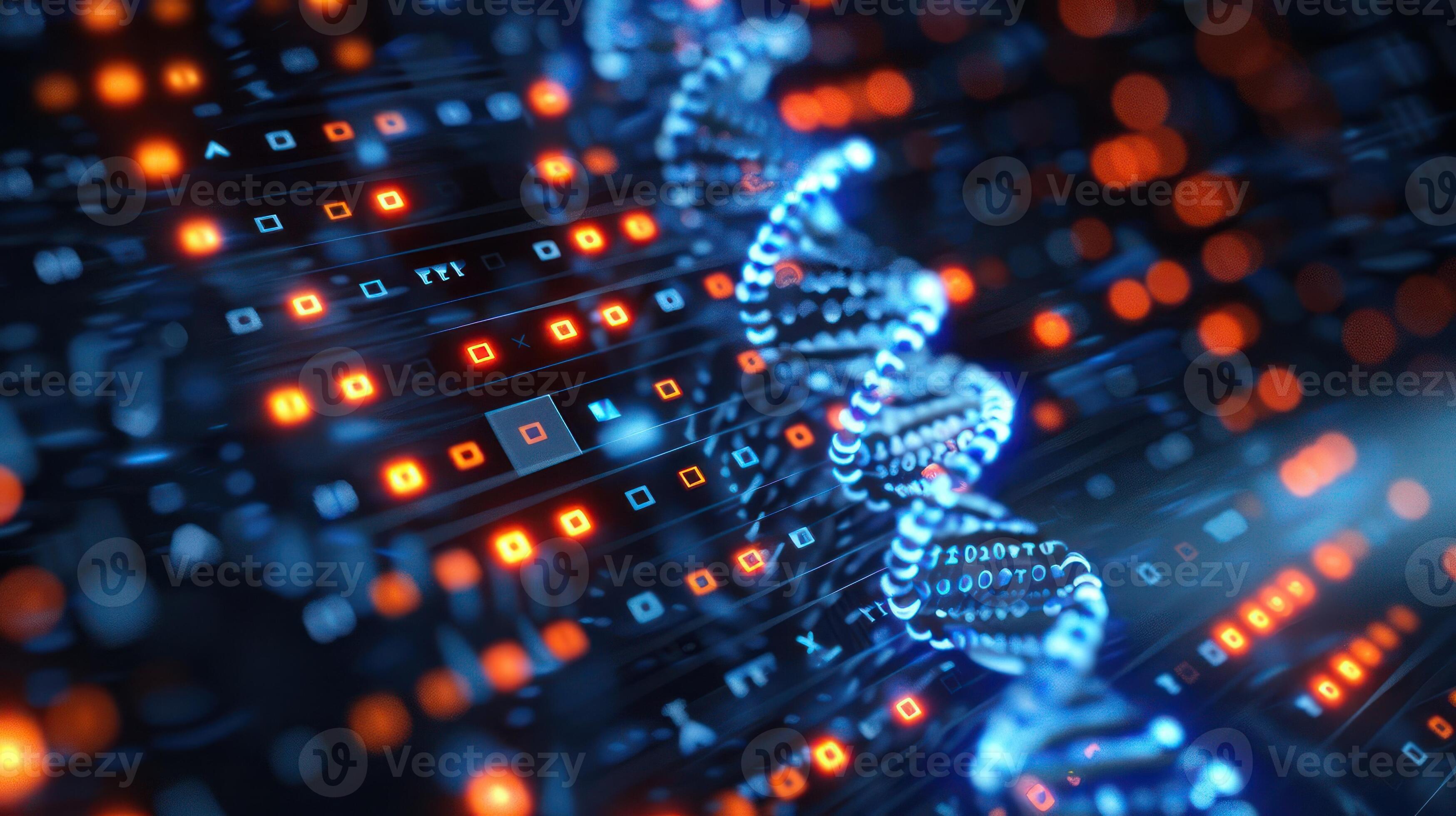 Abstract representation of DNA structure intertwined with digital data ...