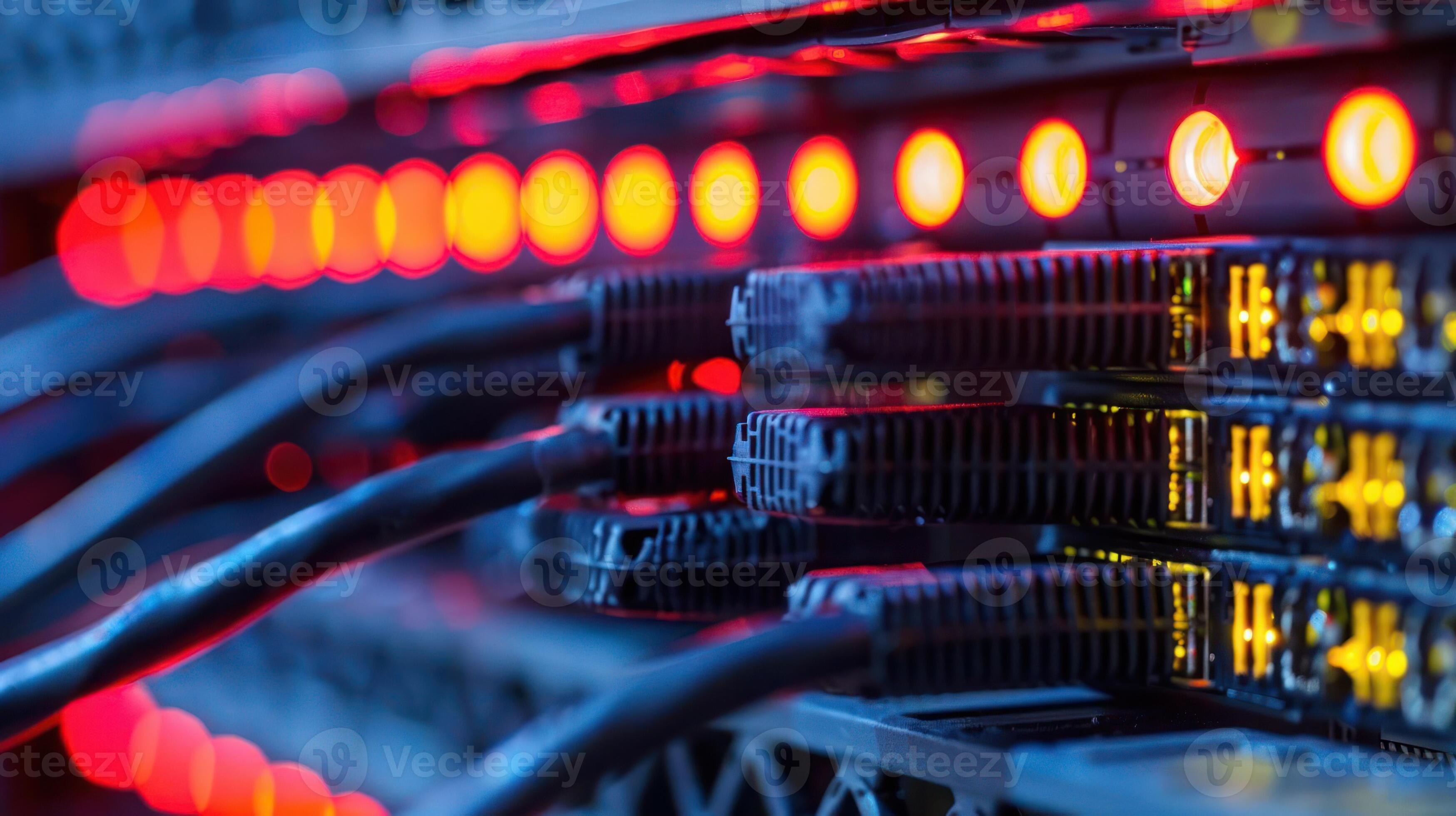 Close-up of illuminated network switches and cables in a data center with vibrant LED indicators ...