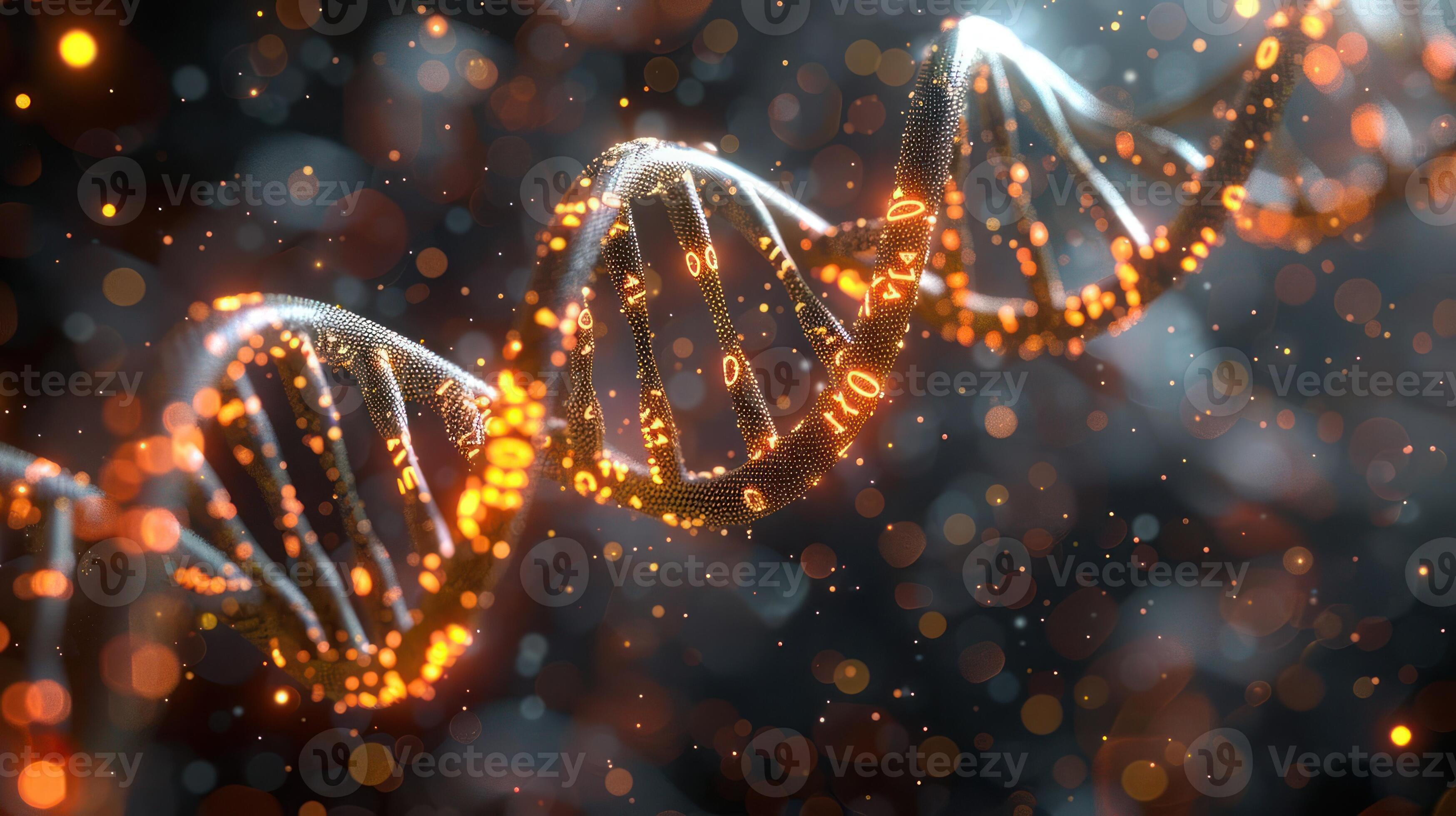 Abstract representation of DNA helix with glowing particles and binary code in a dark background ...