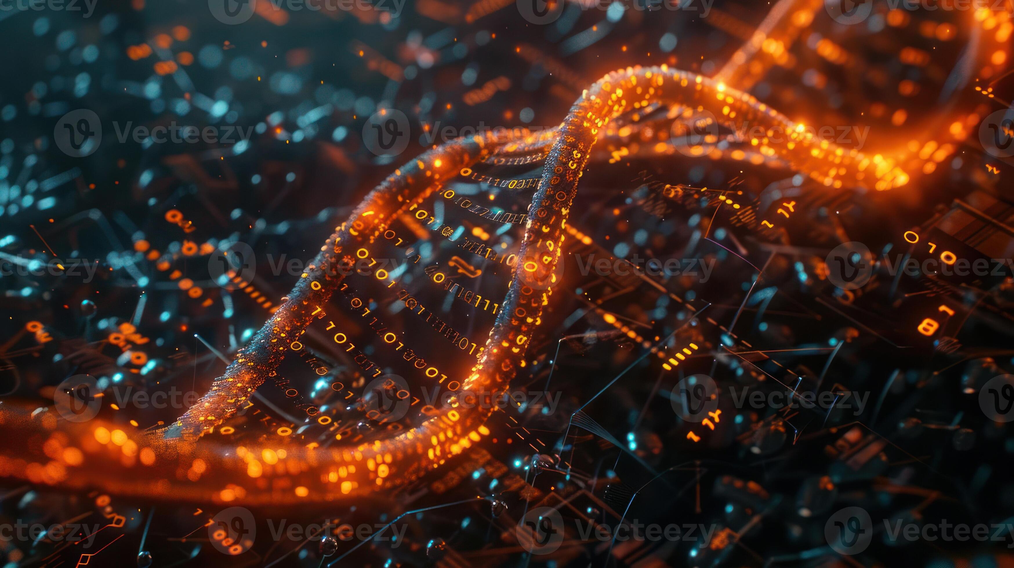 Abstract representation of a glowing DNA strand intertwined with digital data patterns in a ...