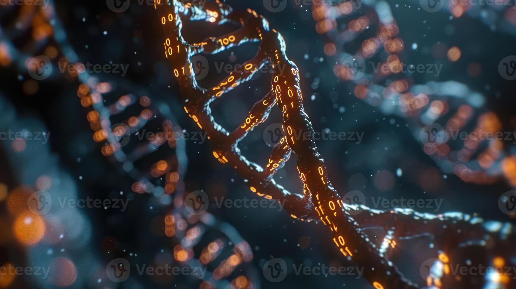 Abstract Representation Of Dna Strands Intertwined With Glowing Binary Code Against A Dark