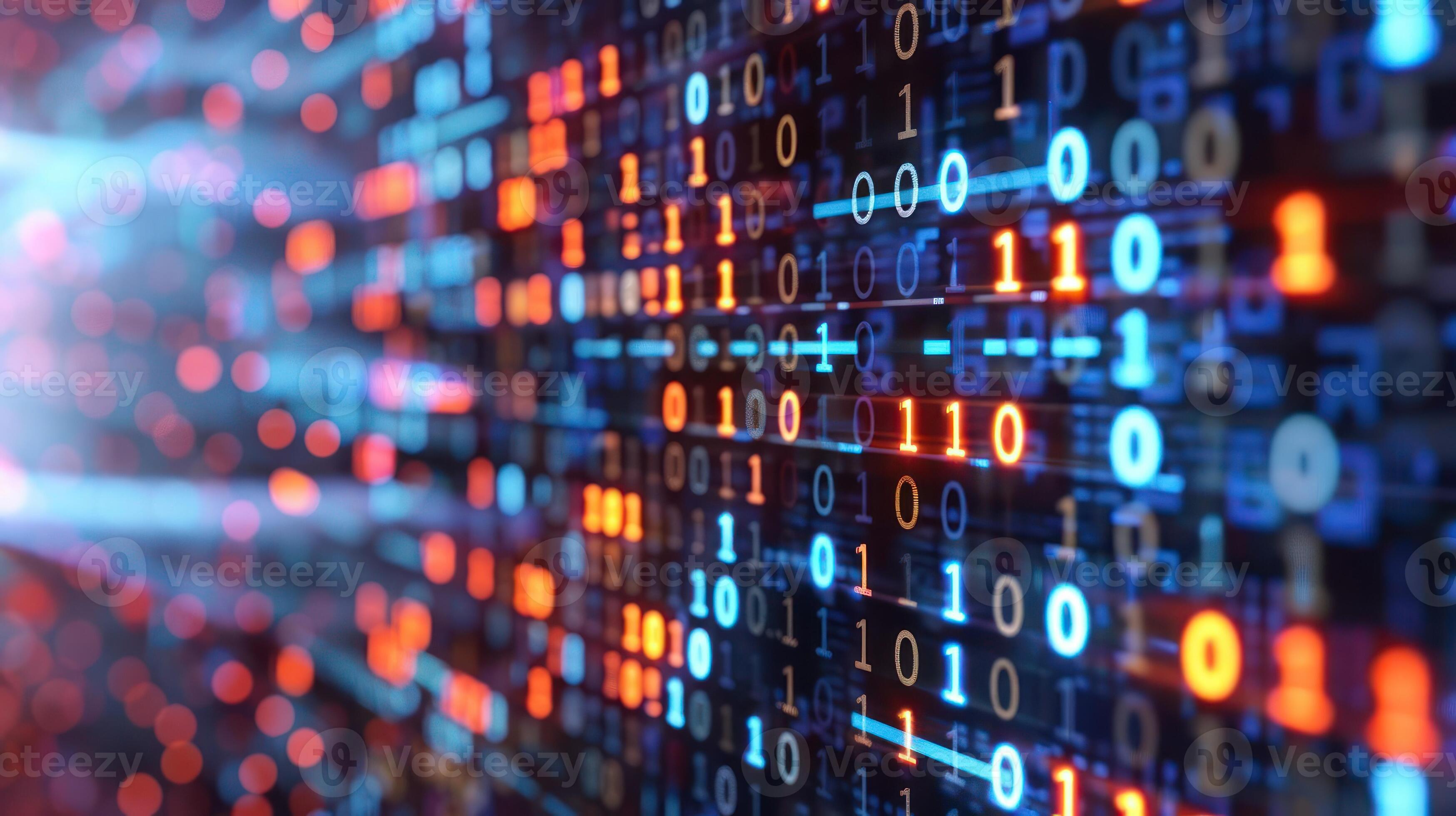 Abstract Digital Data Visualization With Binary Code And Glowing Lights