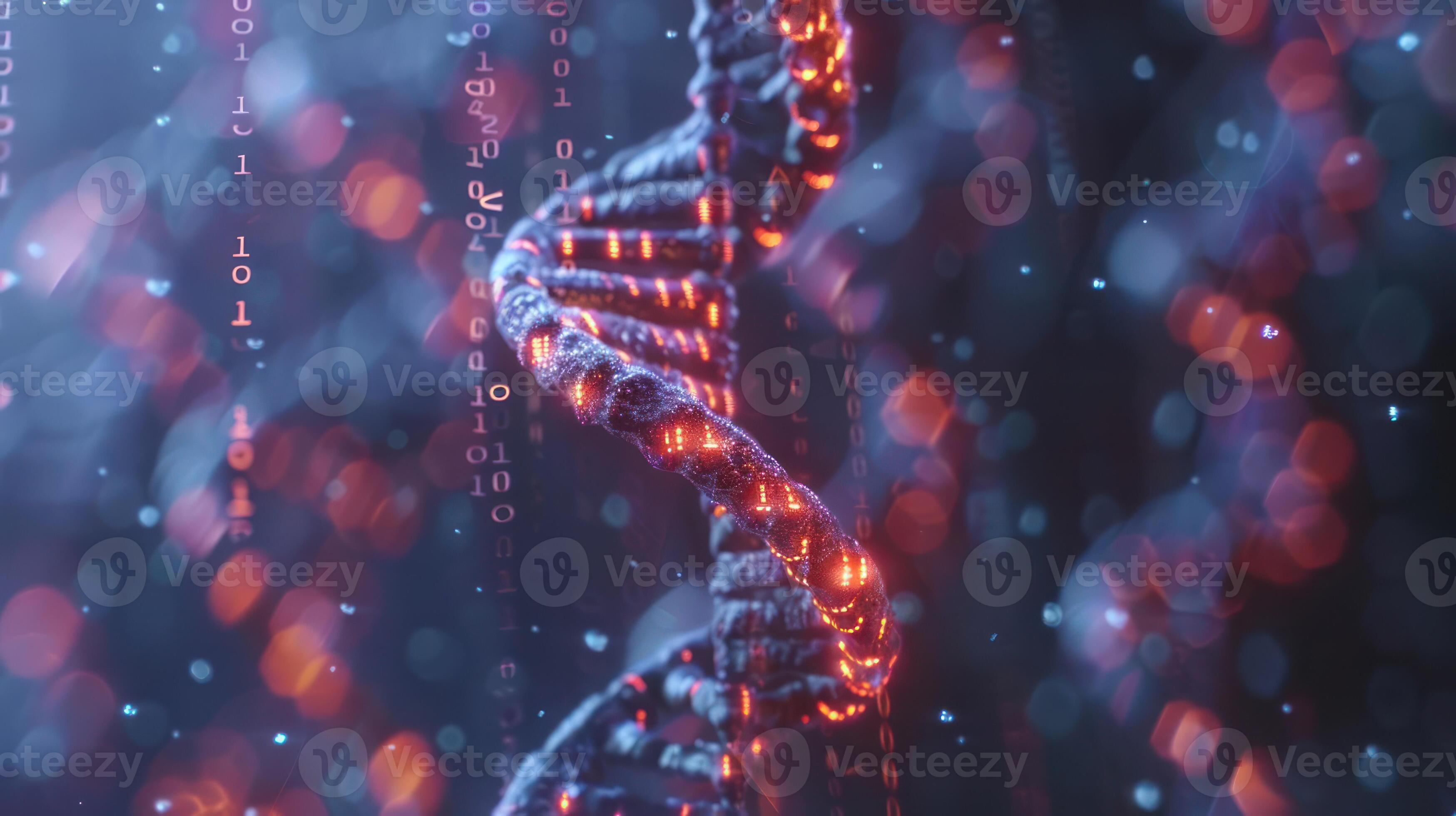 Abstract representation of DNA strand with binary code and glowing particles in a digital ...