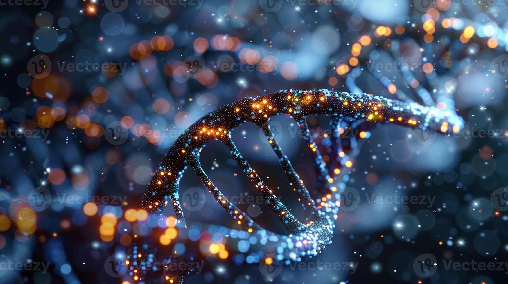 Abstract Representation Of Dna Strands Illuminated By Colorful Particles In A Cosmic Background