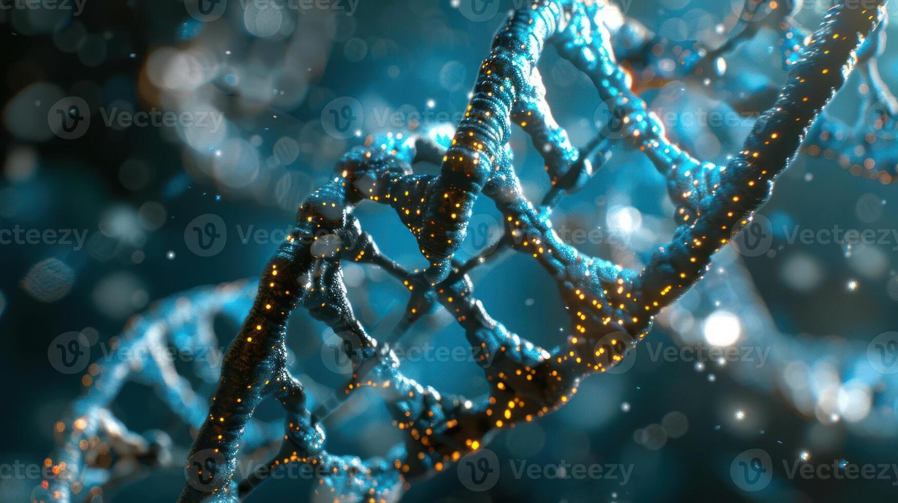 Close-up view of a DNA double helix structure illuminated with vibrant colors and sparkling ...