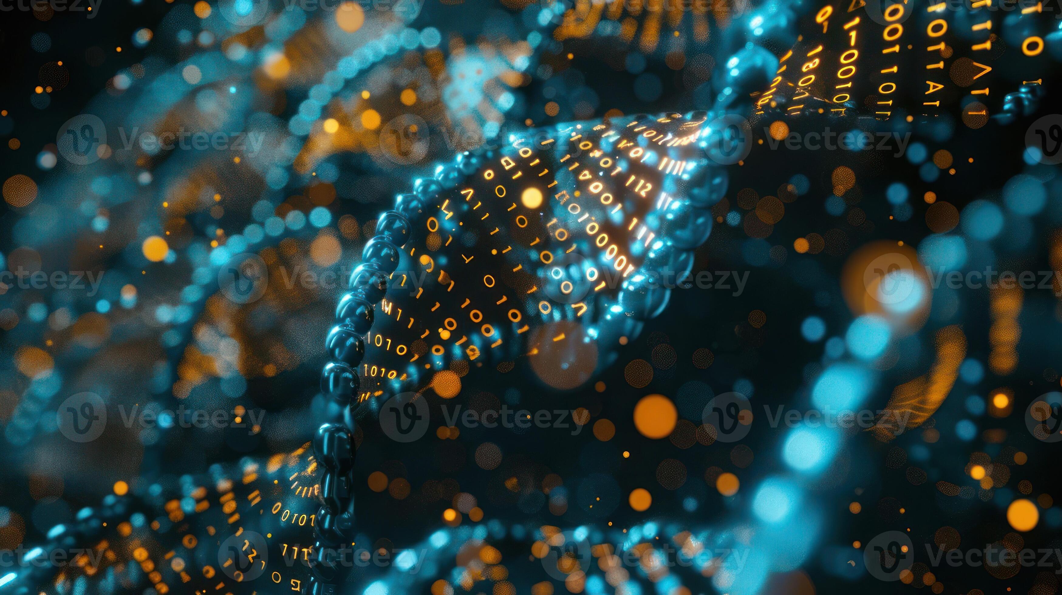 Digital Representation Of Dna Strands With Binary Code And Glowing Particles In A Dark