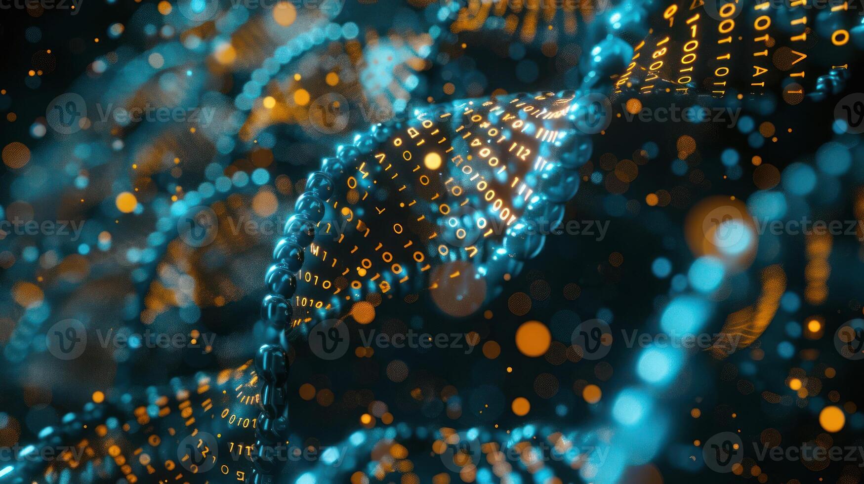 Digital Representation Of Dna Strands With Binary Code And Glowing Particles In A Dark