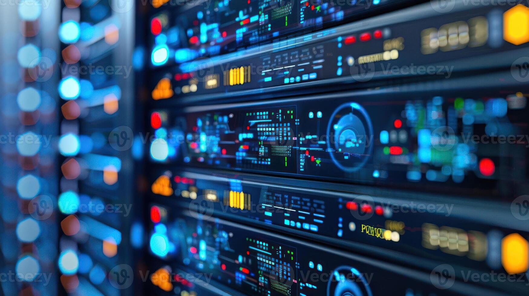 Close Up View Of A Modern Data Center Server Rack Displaying Vibrant Led Indicators And Activity