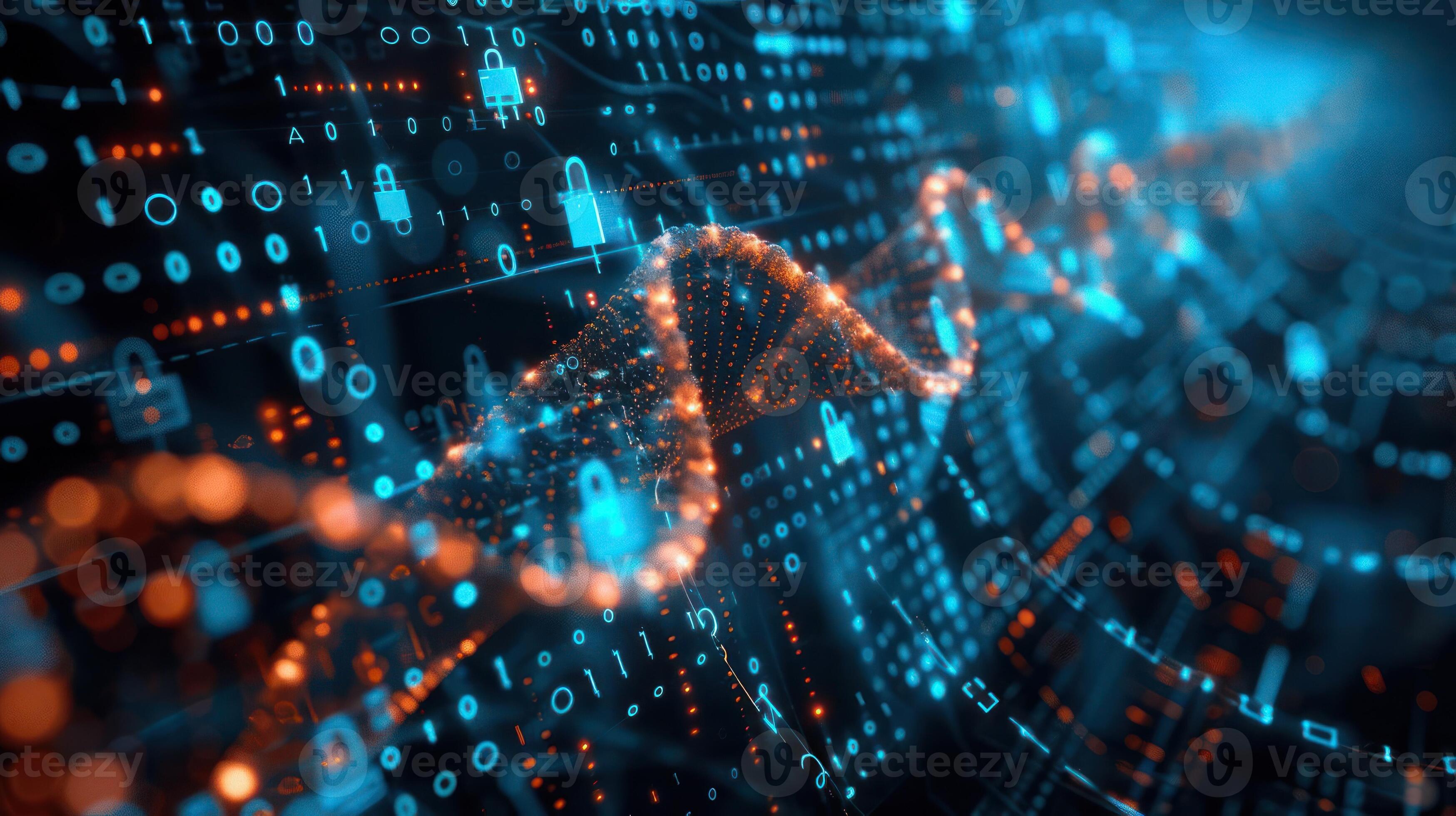 Digital Representation Of Dna Structure Intertwined With Data Streams And Security Elements