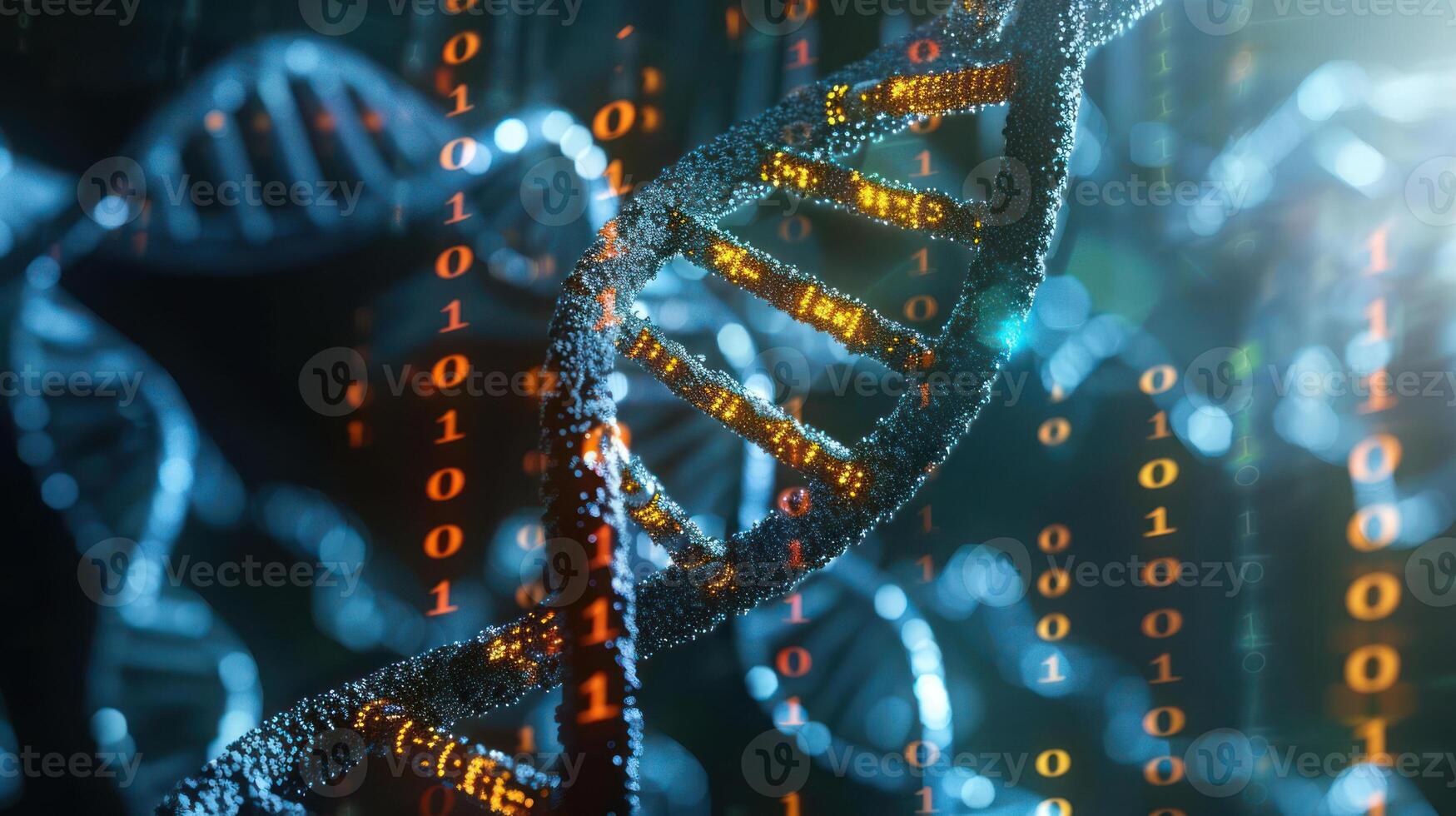 Abstract Representation Of Dna Strands Intertwined With Binary Code In A Futuristic Digital