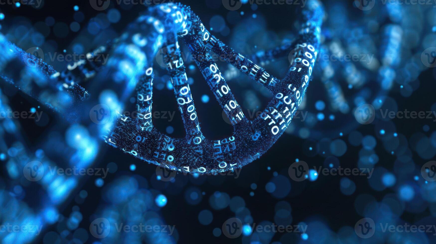 3d Representation Of A Dna Double Helix With Binary Code Glowing Particles In A Digital