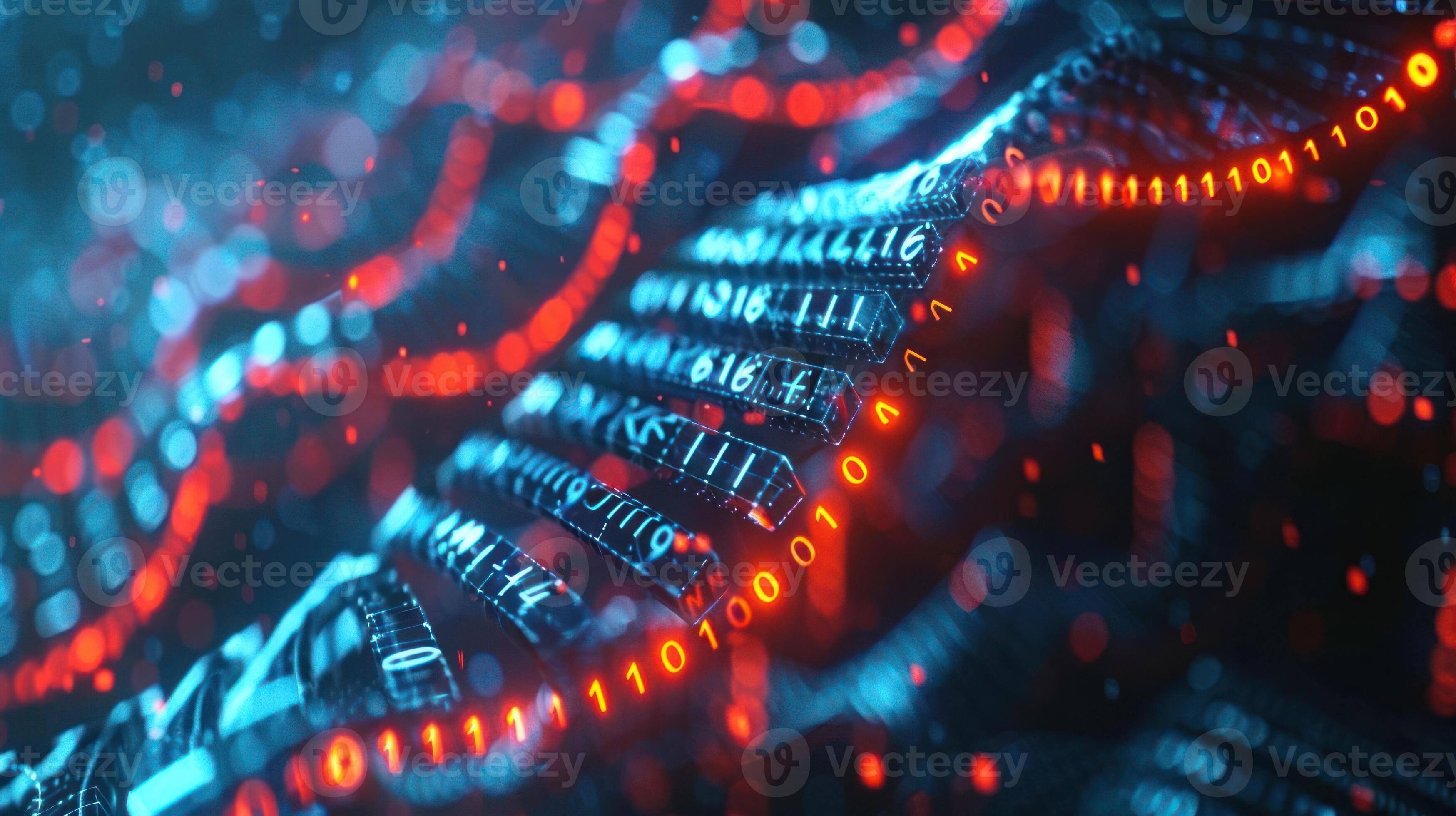 Abstract Representation Of Binary Data Flowing Through A Digital Landscape With Glowing Effects