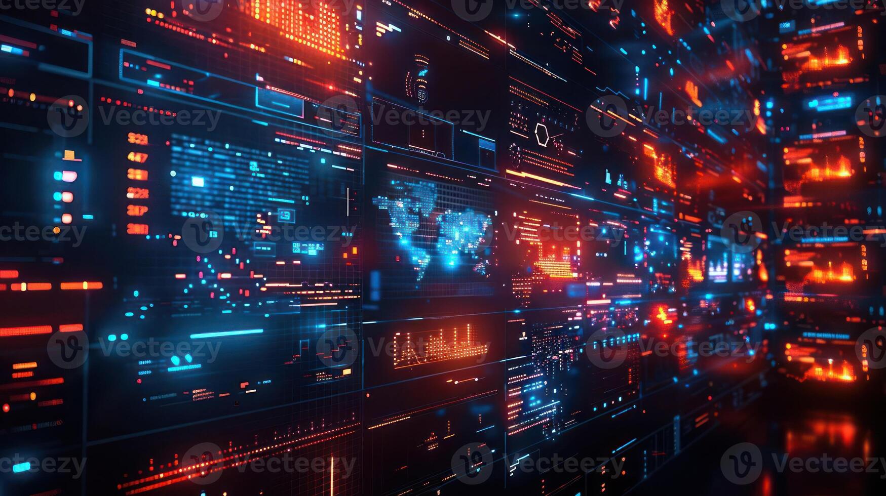 Futuristic digital interface displaying data analytics and global maps in a high-tech ...