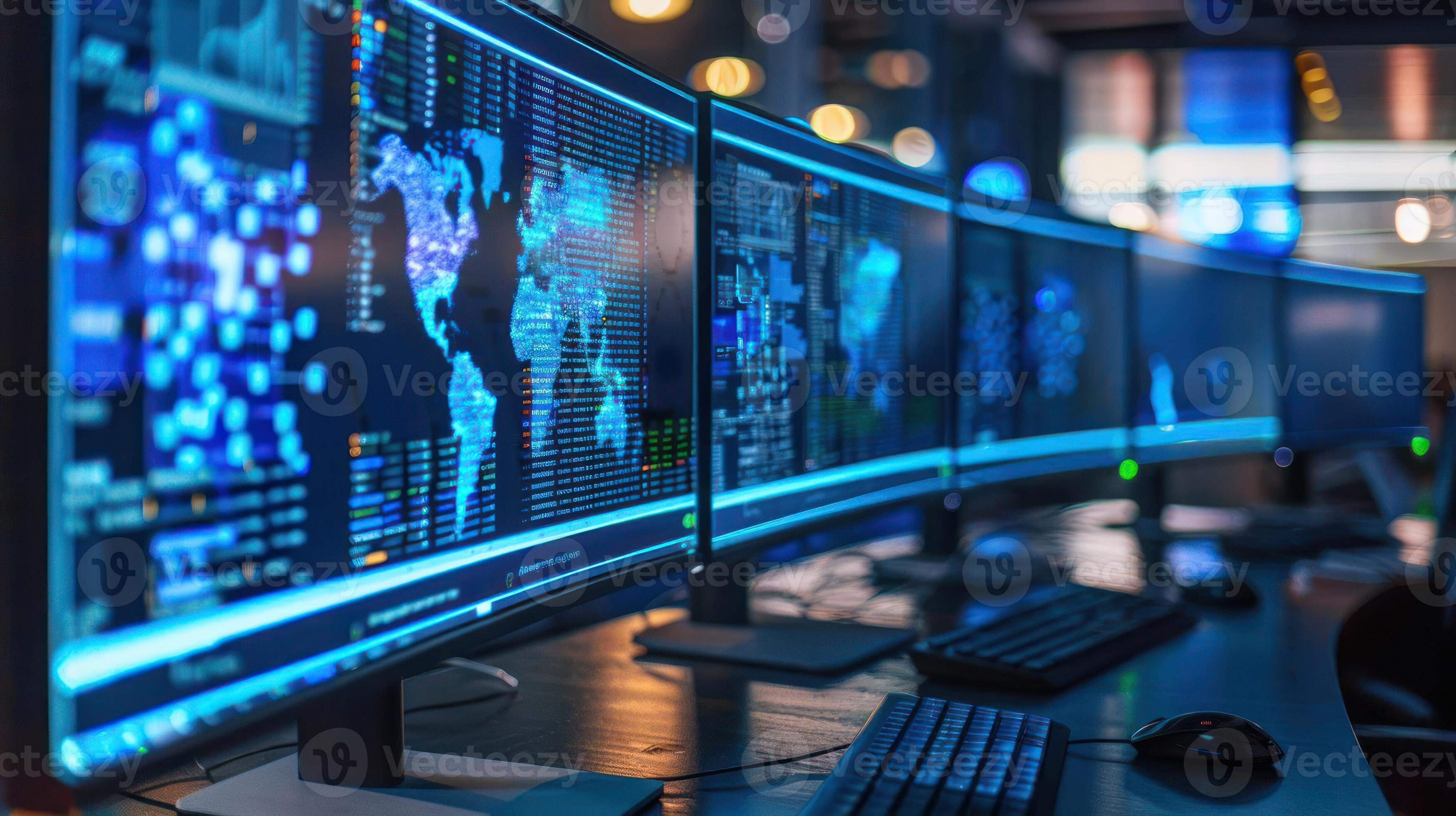 Multiple high-resolution monitors displaying global data analytics in a modern tech workspace ...
