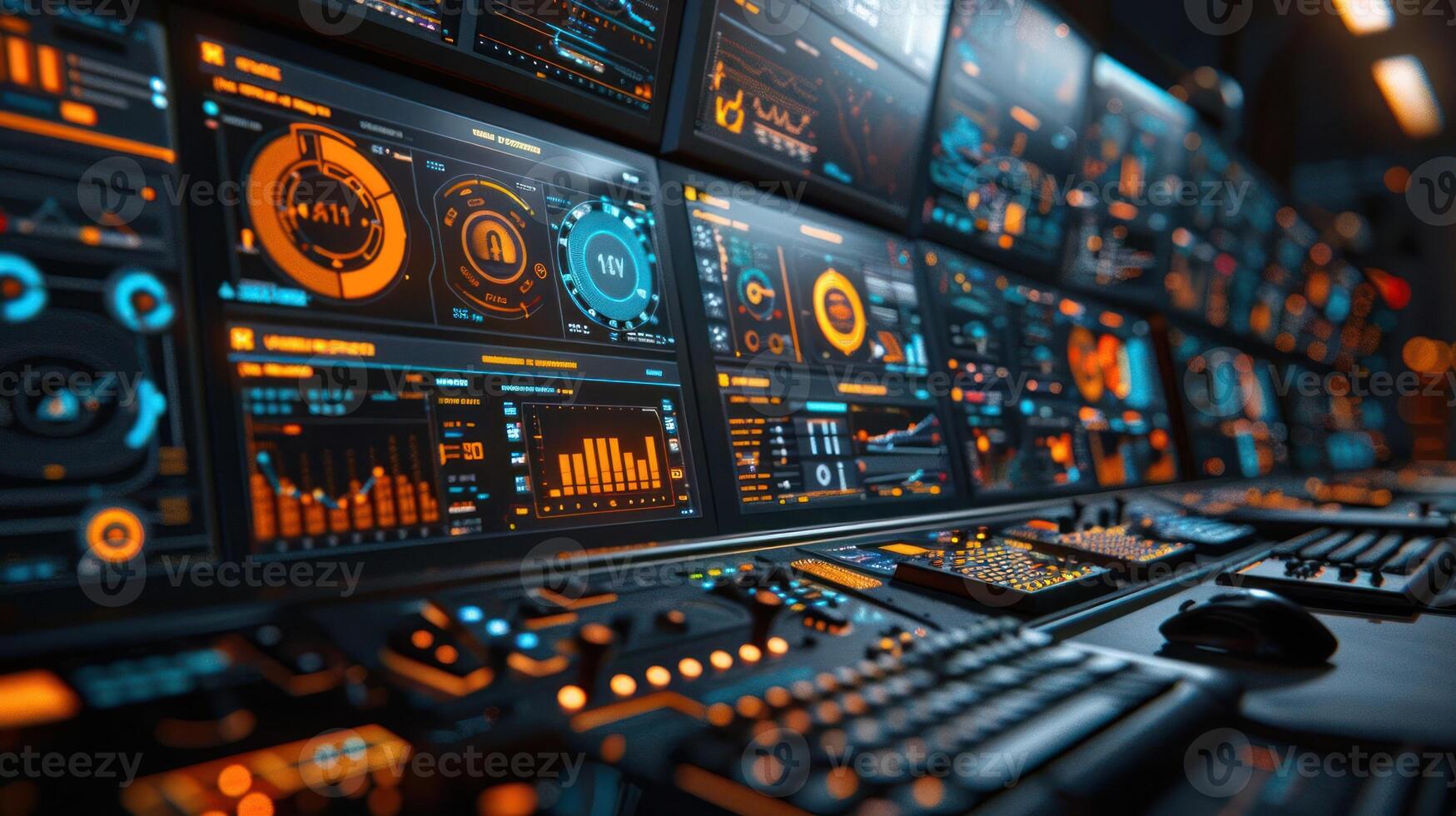 High-tech control room with glowing screens displaying data analytics and statistics 55371081 ...