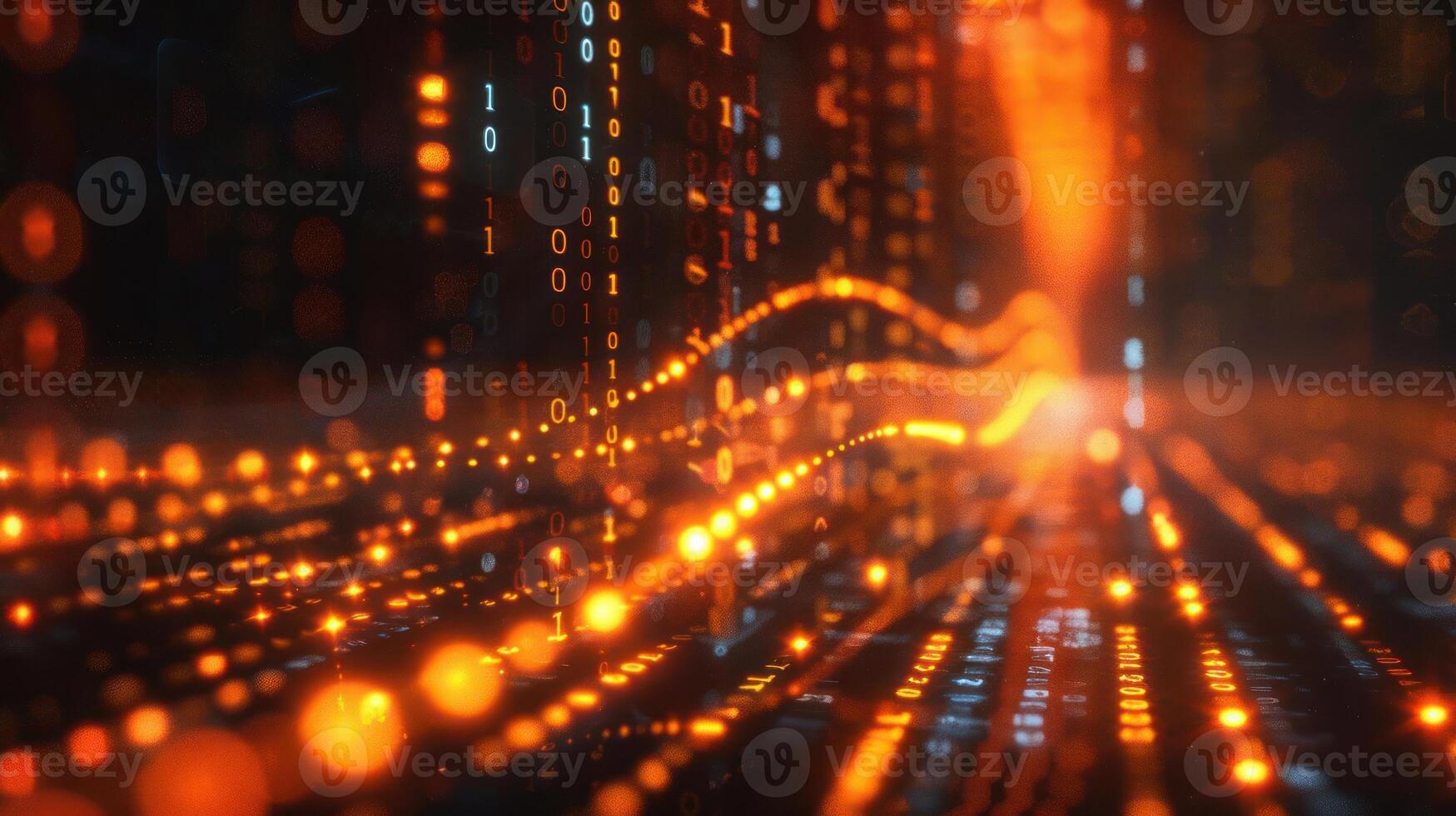Abstract Representation Of Data Flow With Glowing Orange Particles In A Digital Environment