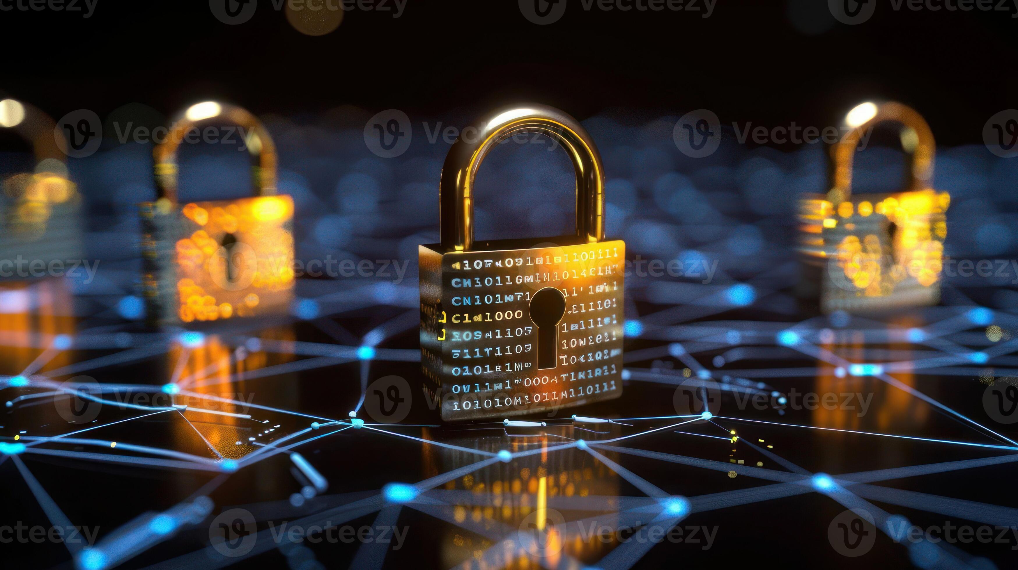 Golden Padlocks On A Digital Network Background Symbolizing