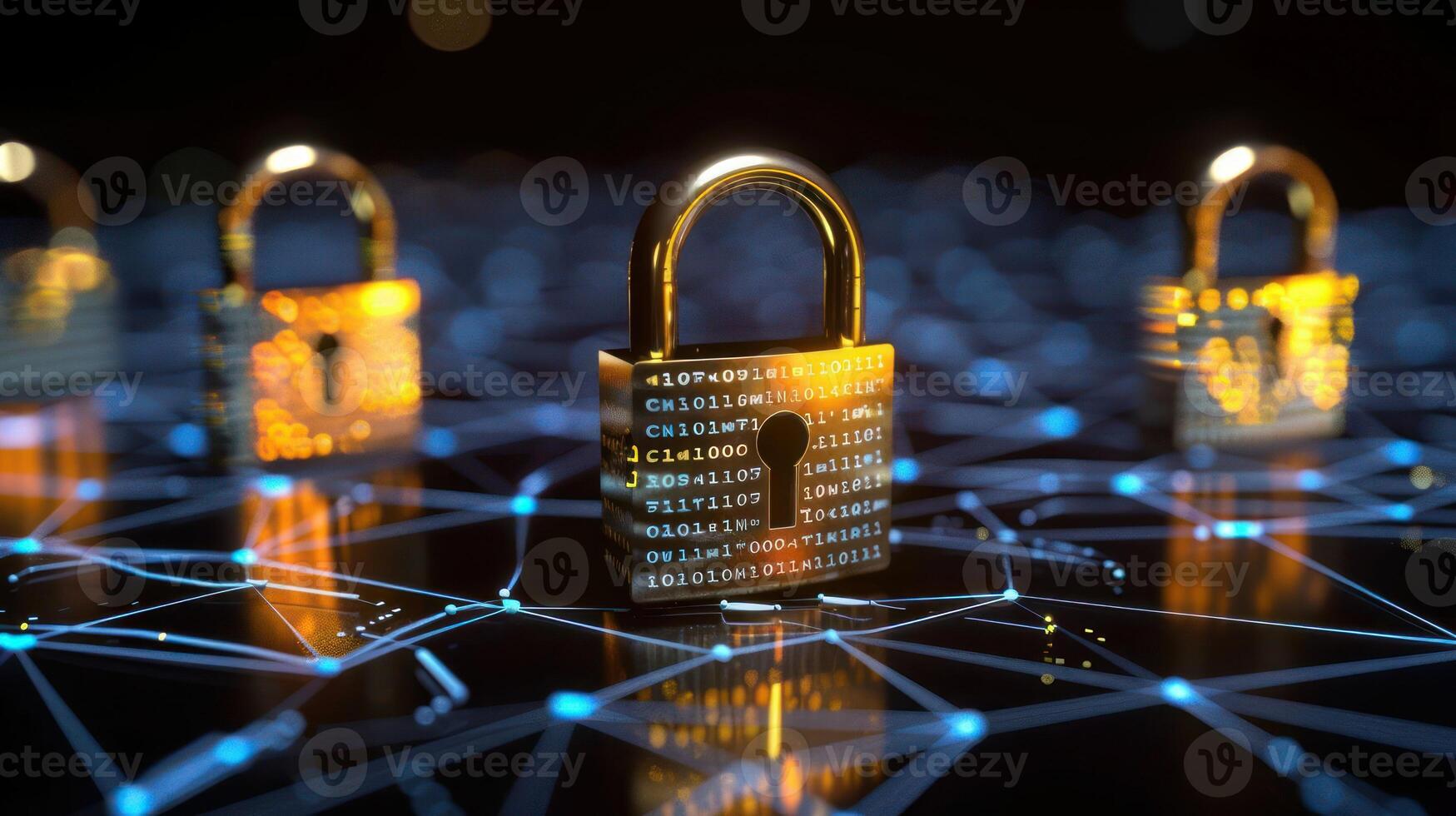Golden padlocks on a digital network background symbolizing cybersecurity and data protection ...