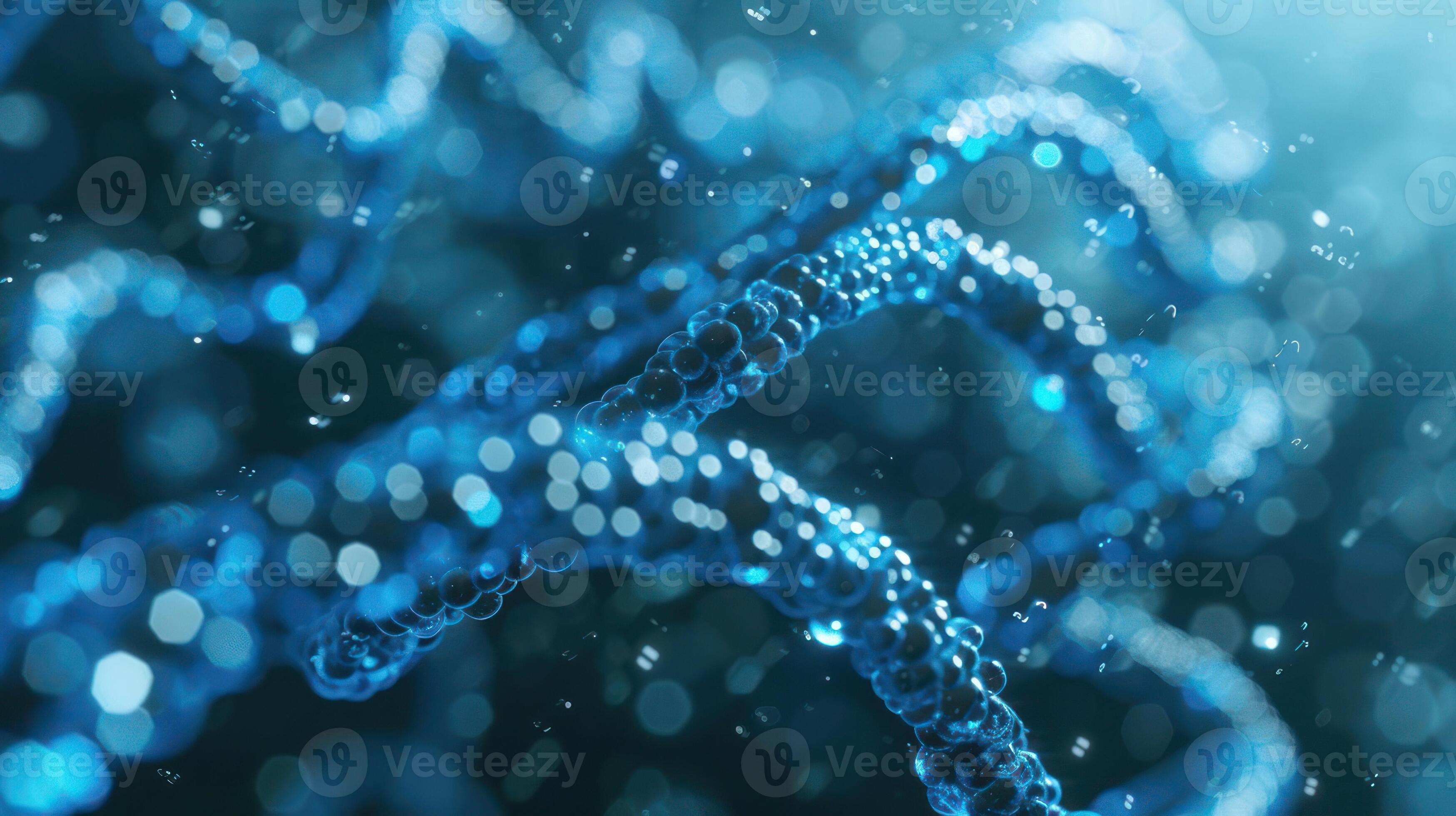 Abstract Close Up Of Shimmering Blue Molecular Structures With Bokeh Effect In Dark Background