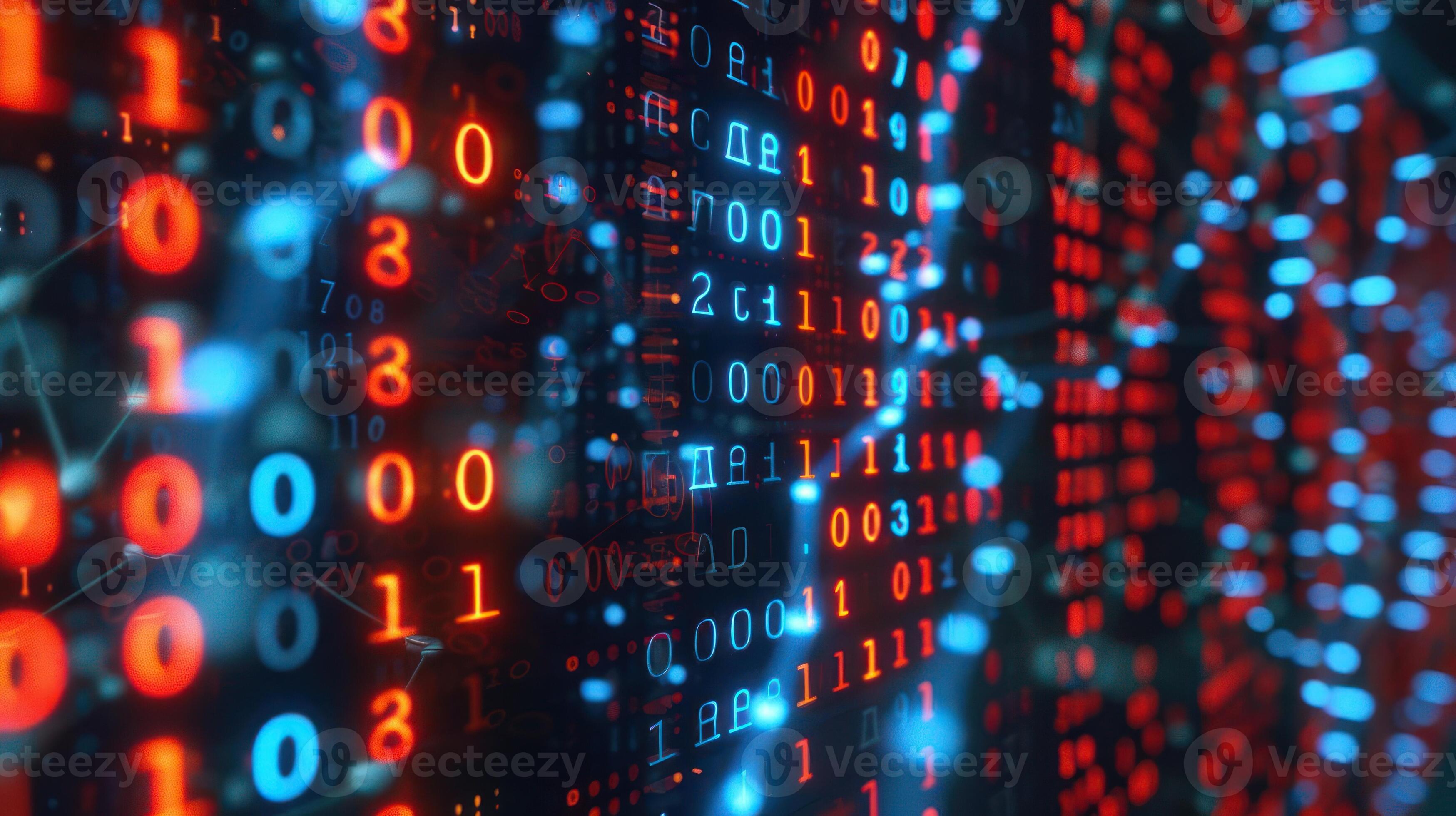 Abstract visualization of binary code and digital data streams with glowing lights in a tech ...