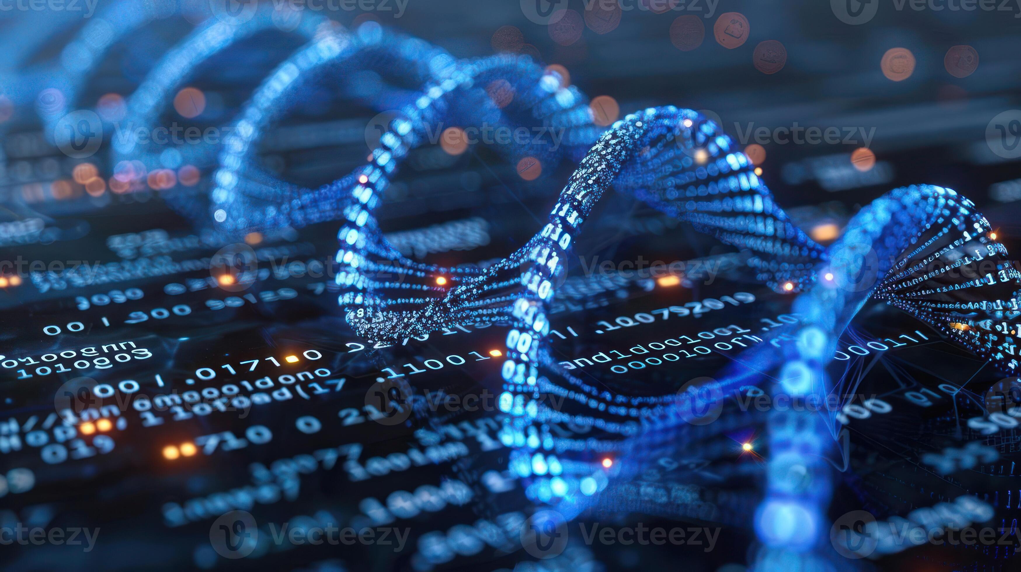 Abstract representation of a DNA double helix with digital data overlay in a futuristic setting ...