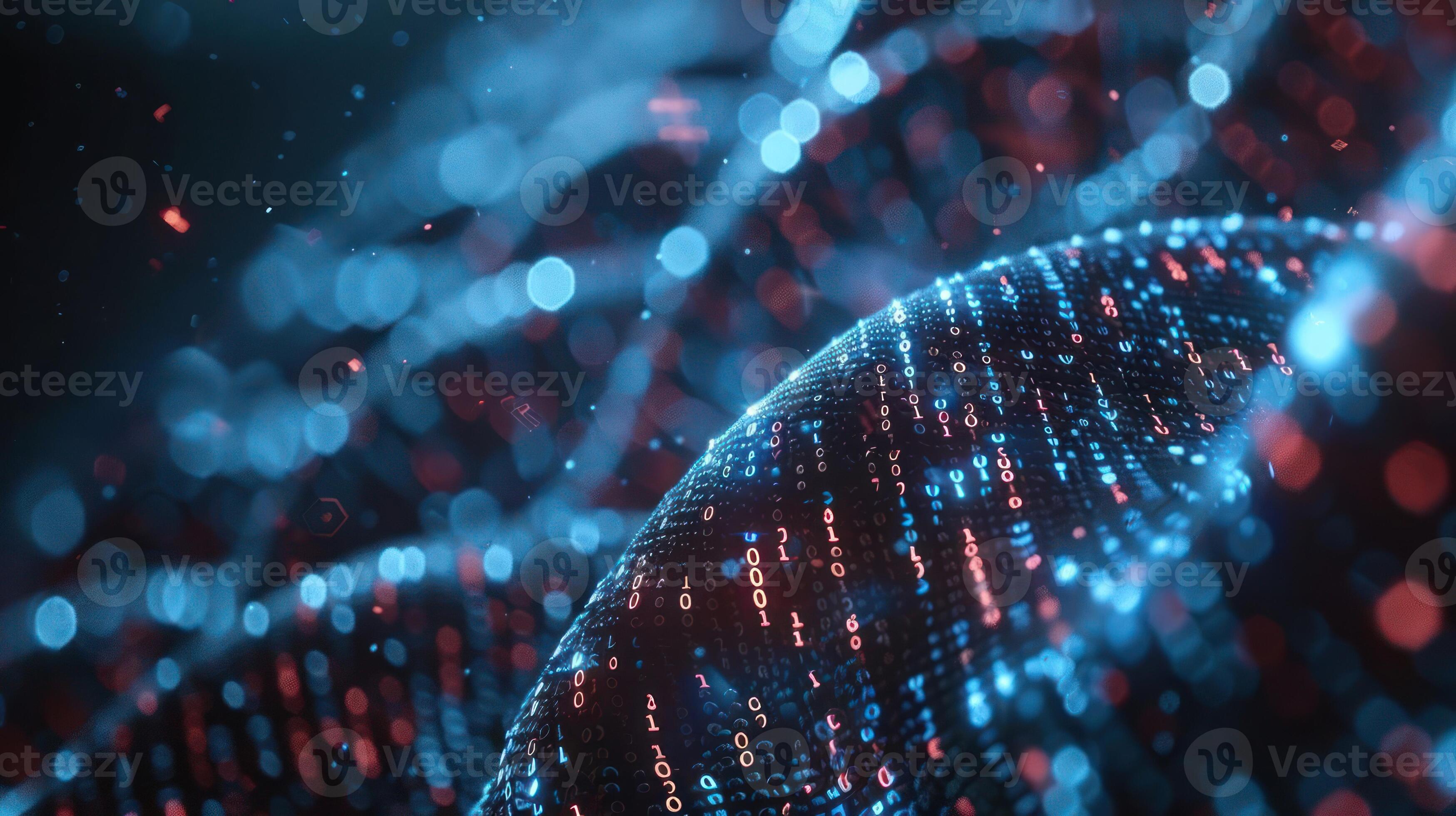 Abstract representation of interconnected digital nodes and glowing particles in a dark space ...