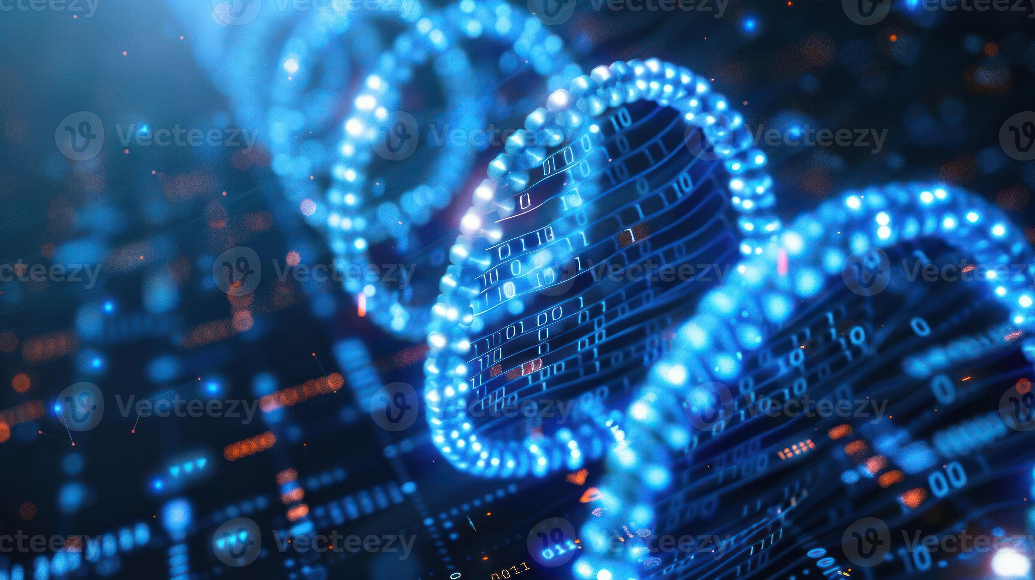 Abstract representation of DNA strands composed of glowing binary code against a digital ...