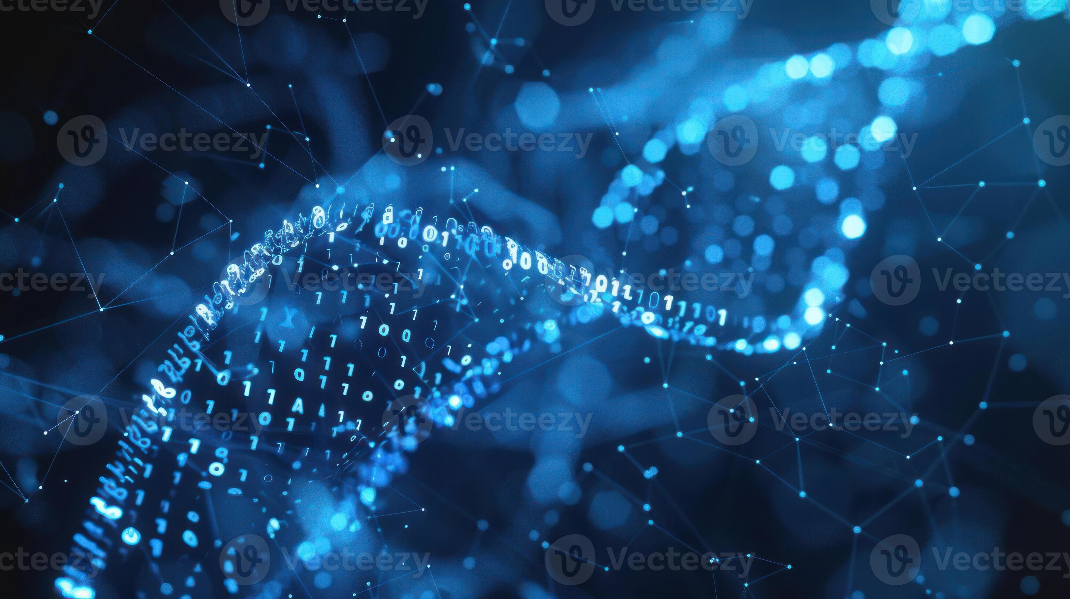 Abstract digital representation of data flow with glowing particles and binary code in a dark ...