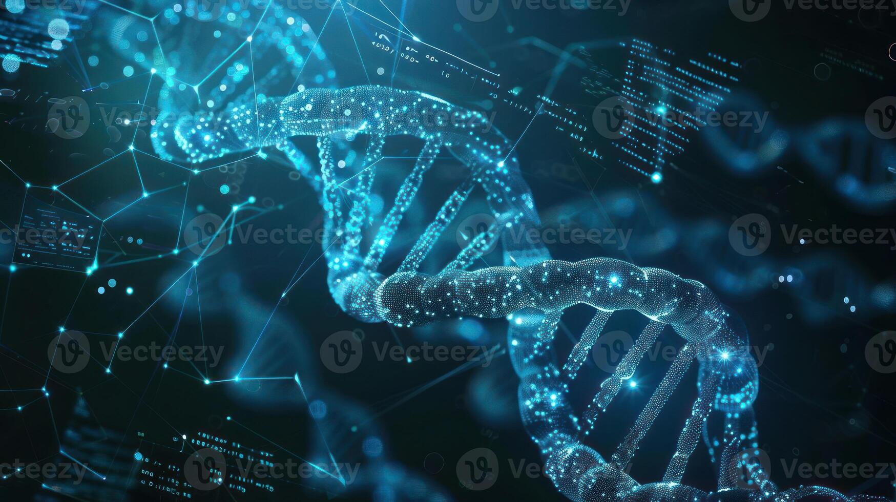Futuristic representation of DNA helix with glowing particles and data visualization background ...