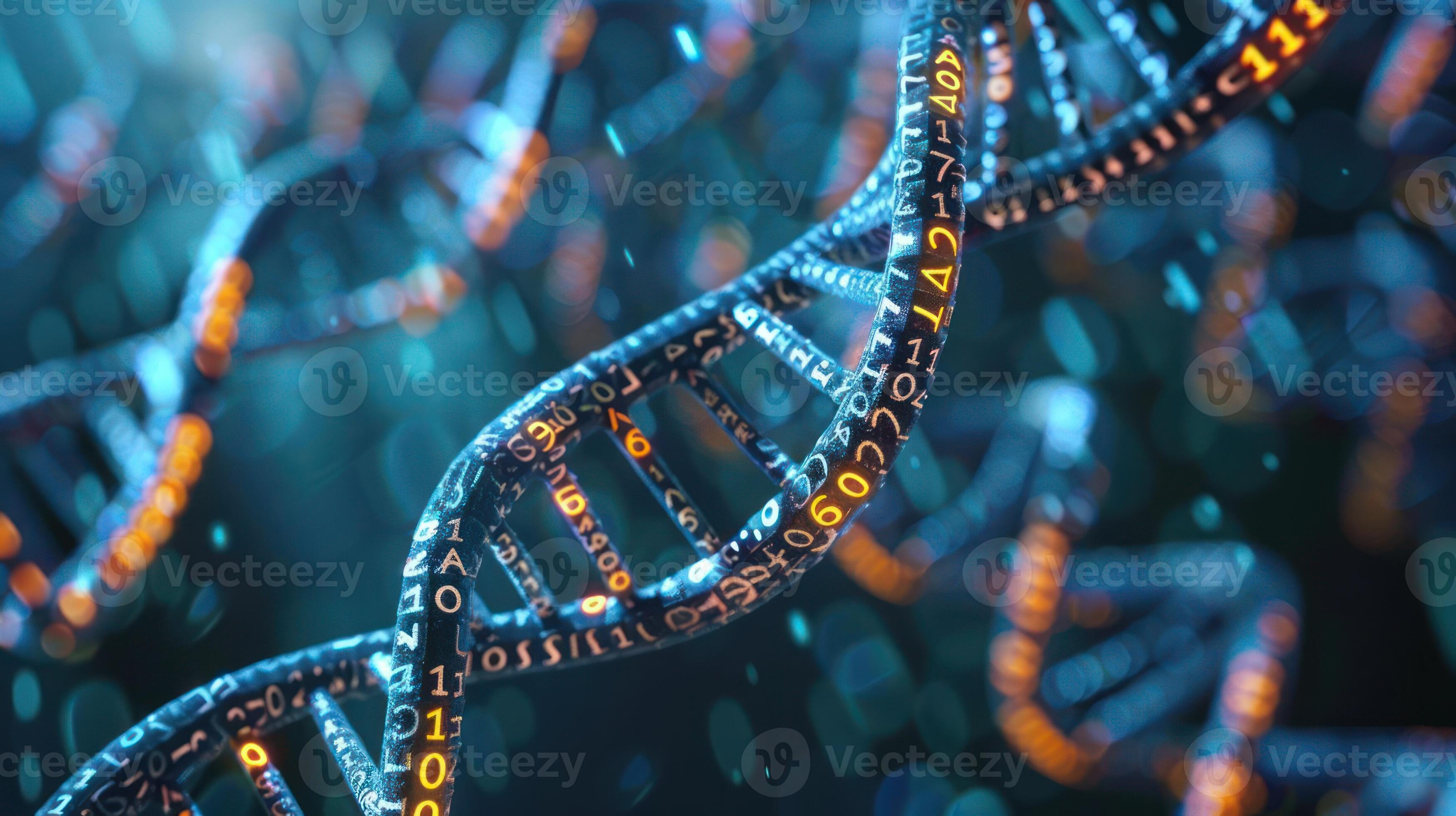 Abstract Representation Of Dna Strands With Glowing Binary Code Against A Blurred Background