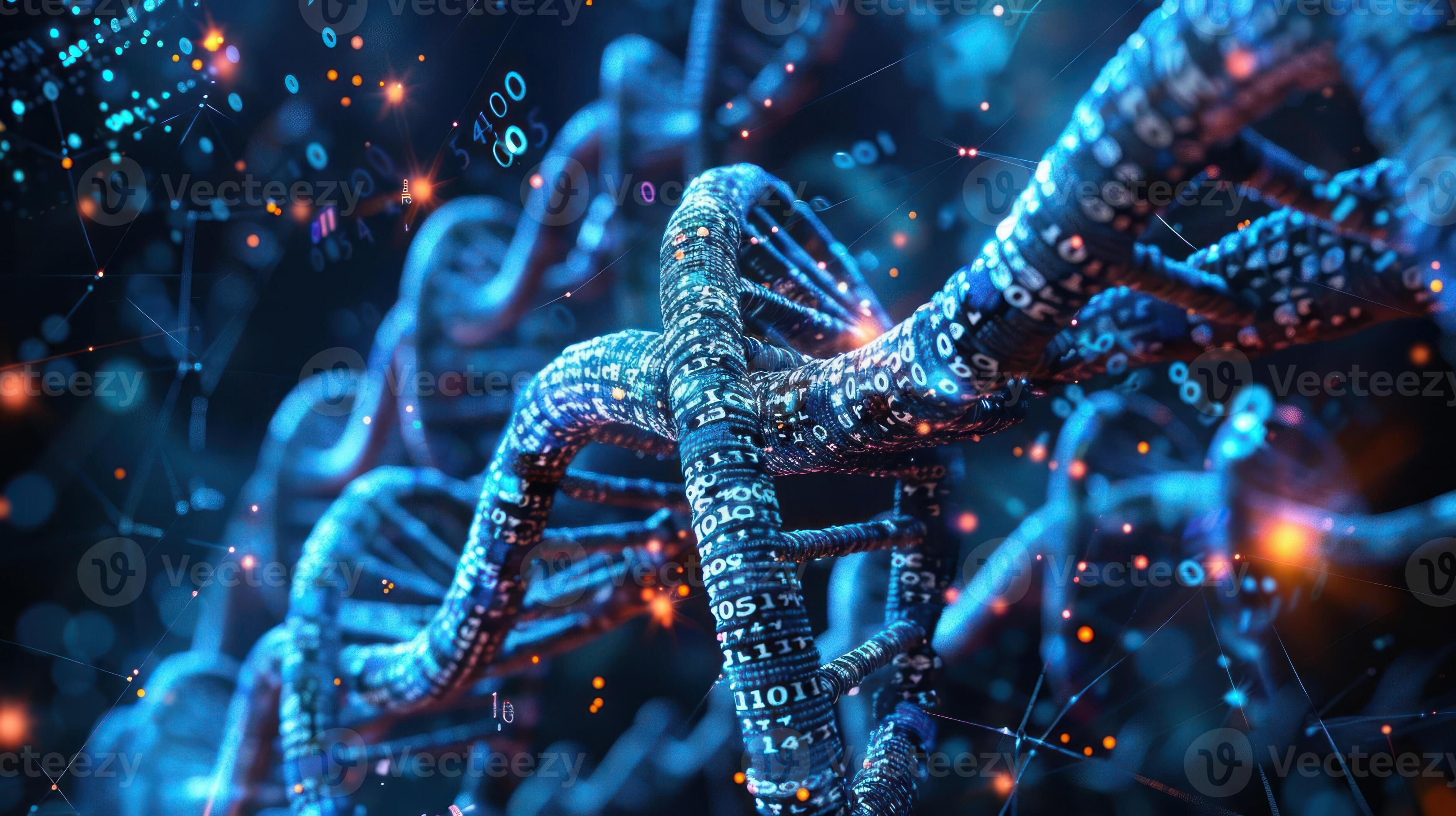 Abstract Representation Of Dna Strands Intertwined With Binary Code Showcasing Digital