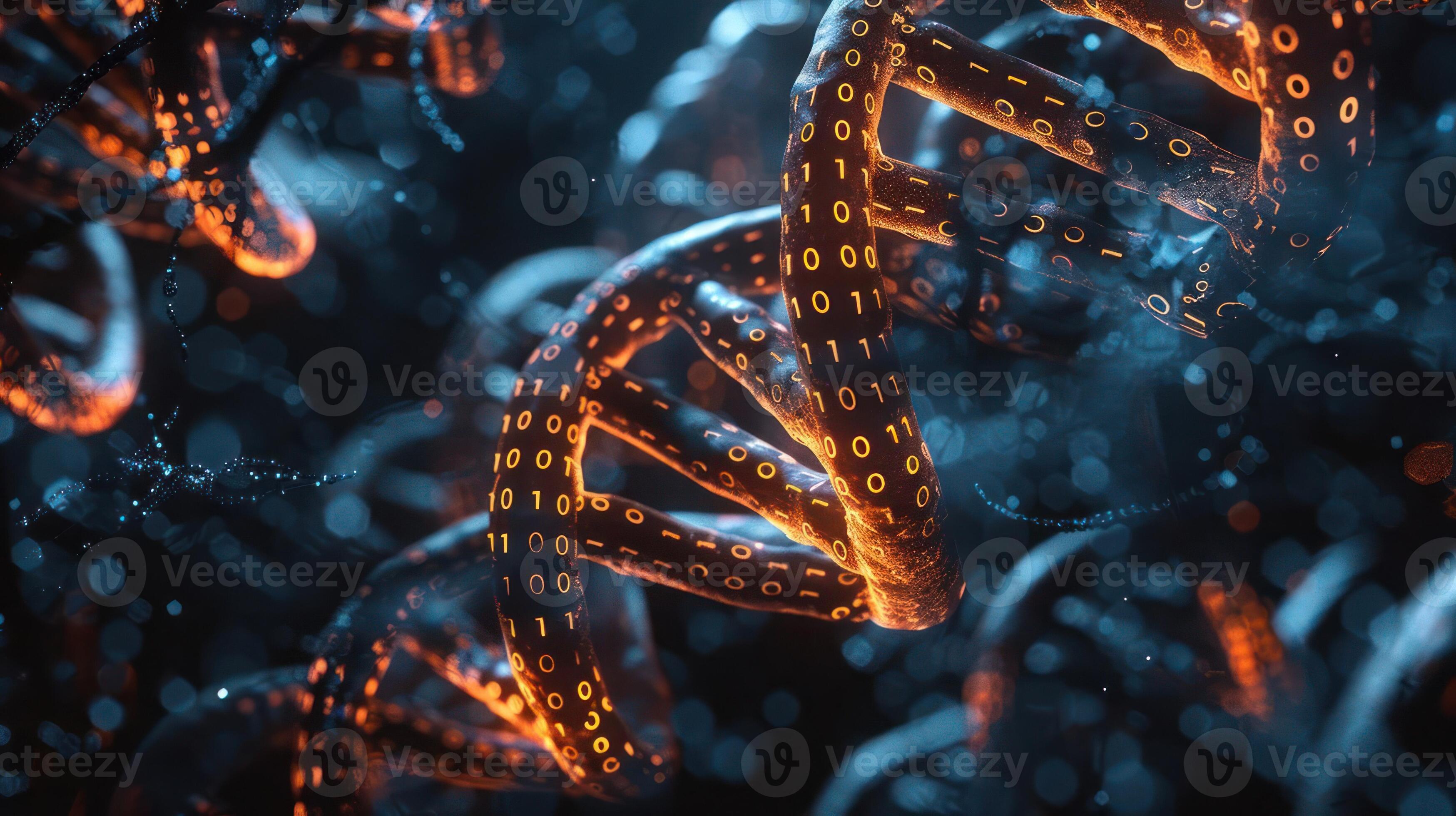 Abstract Representation Of Dna Strands Intertwined With Binary Code