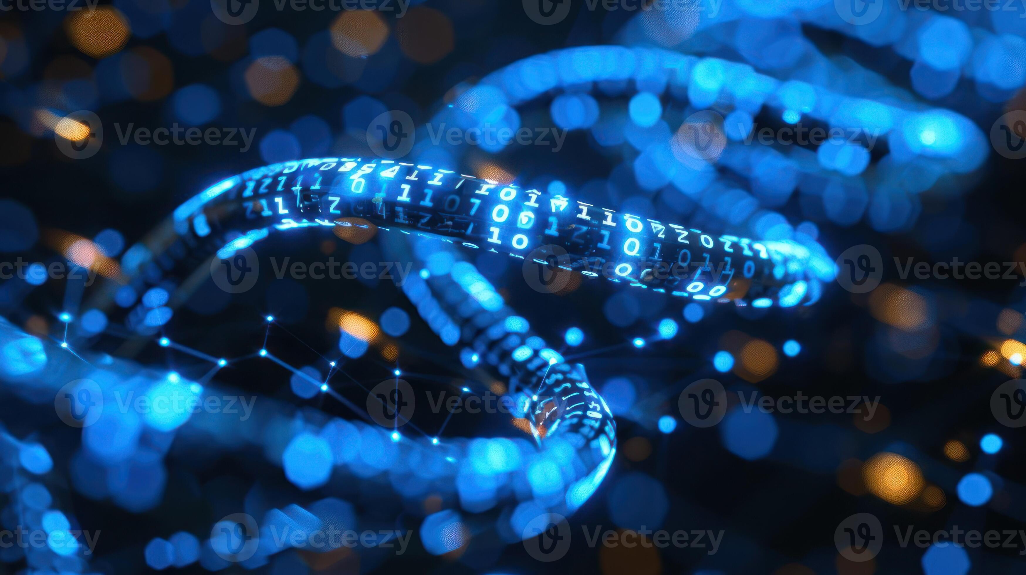 Abstract representation of digital data streams with glowing binary code and light effects ...