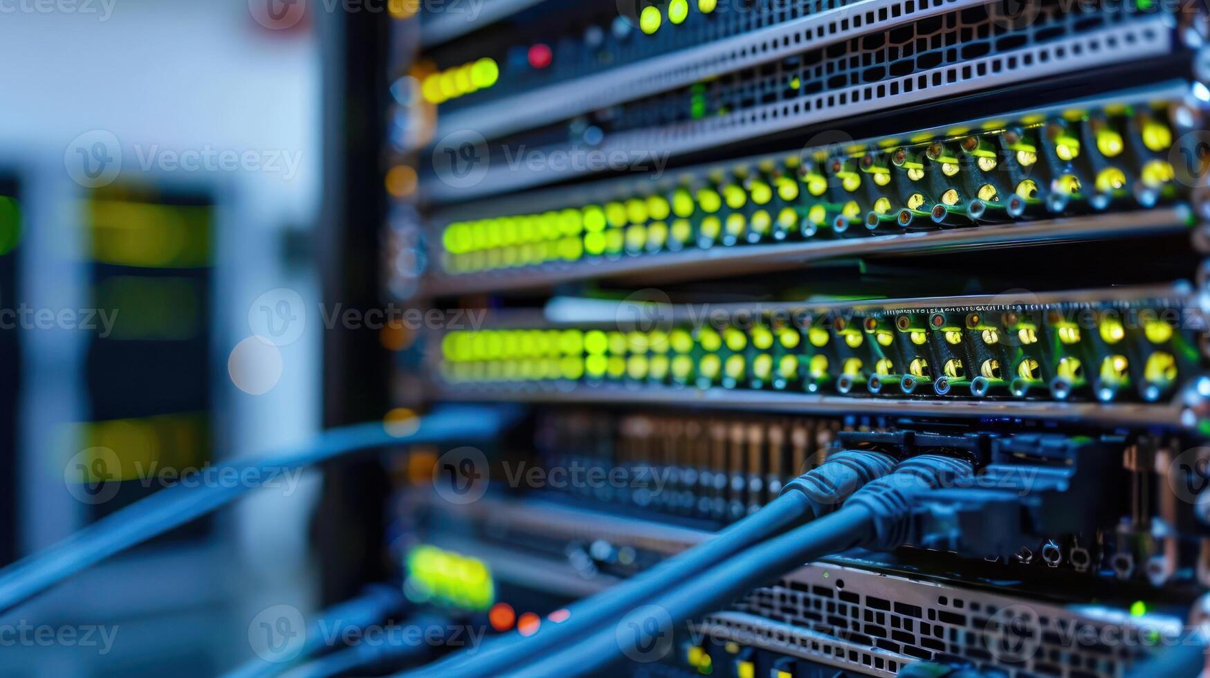 Close-up of server racks with illuminated indicators and network cables in a data center ...