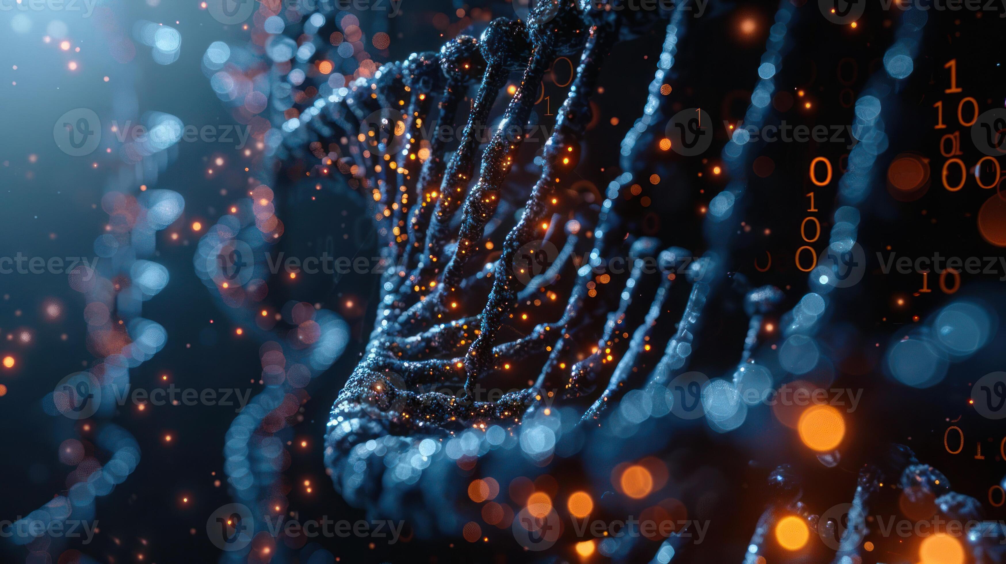 Abstract Visualization Of Digital Data Streams With Glowing Particles And Binary Code Backdrop