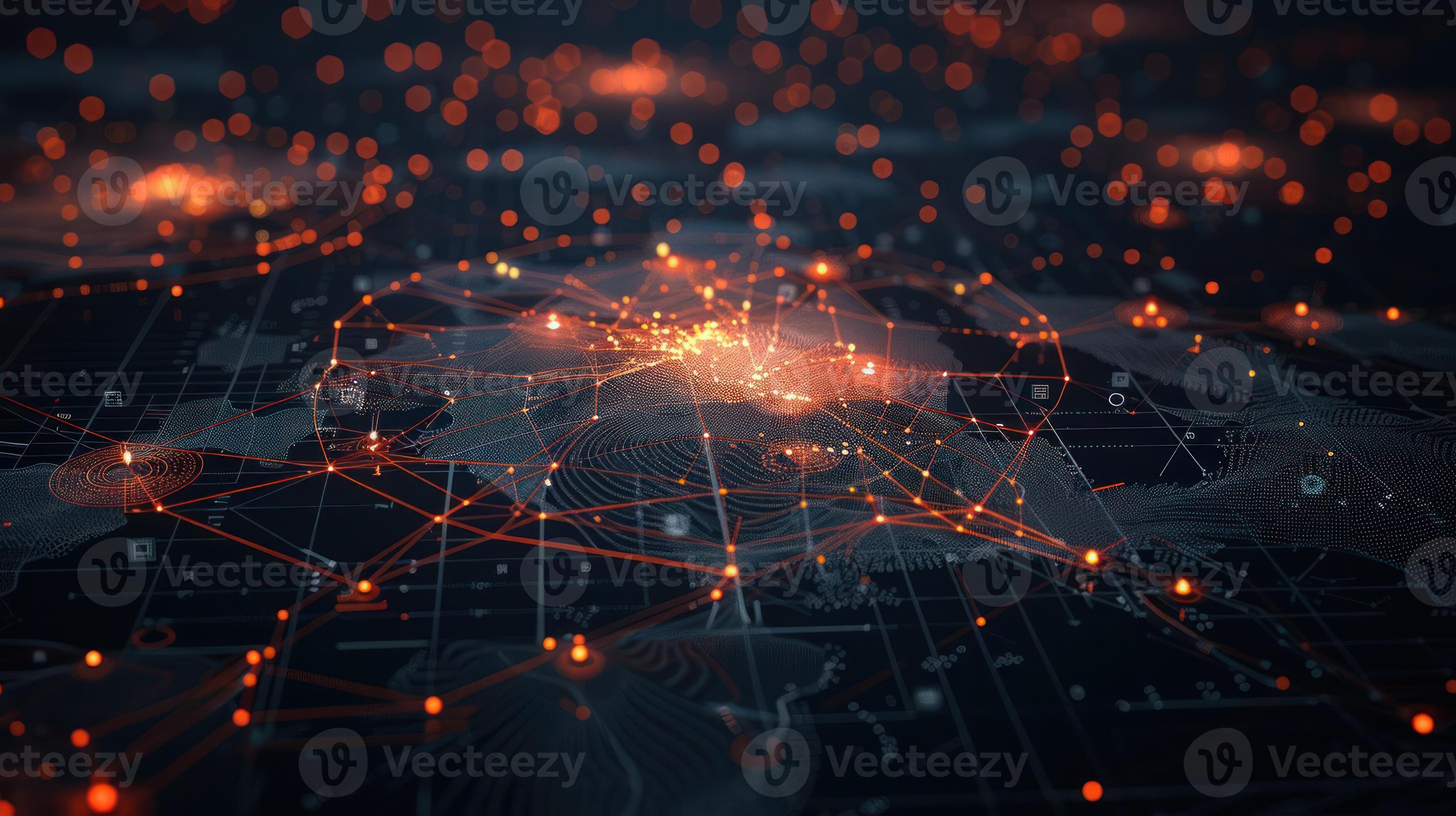 Abstract Digital Network Visualization Showing Interconnected Nodes And Data Flow Across A Dark