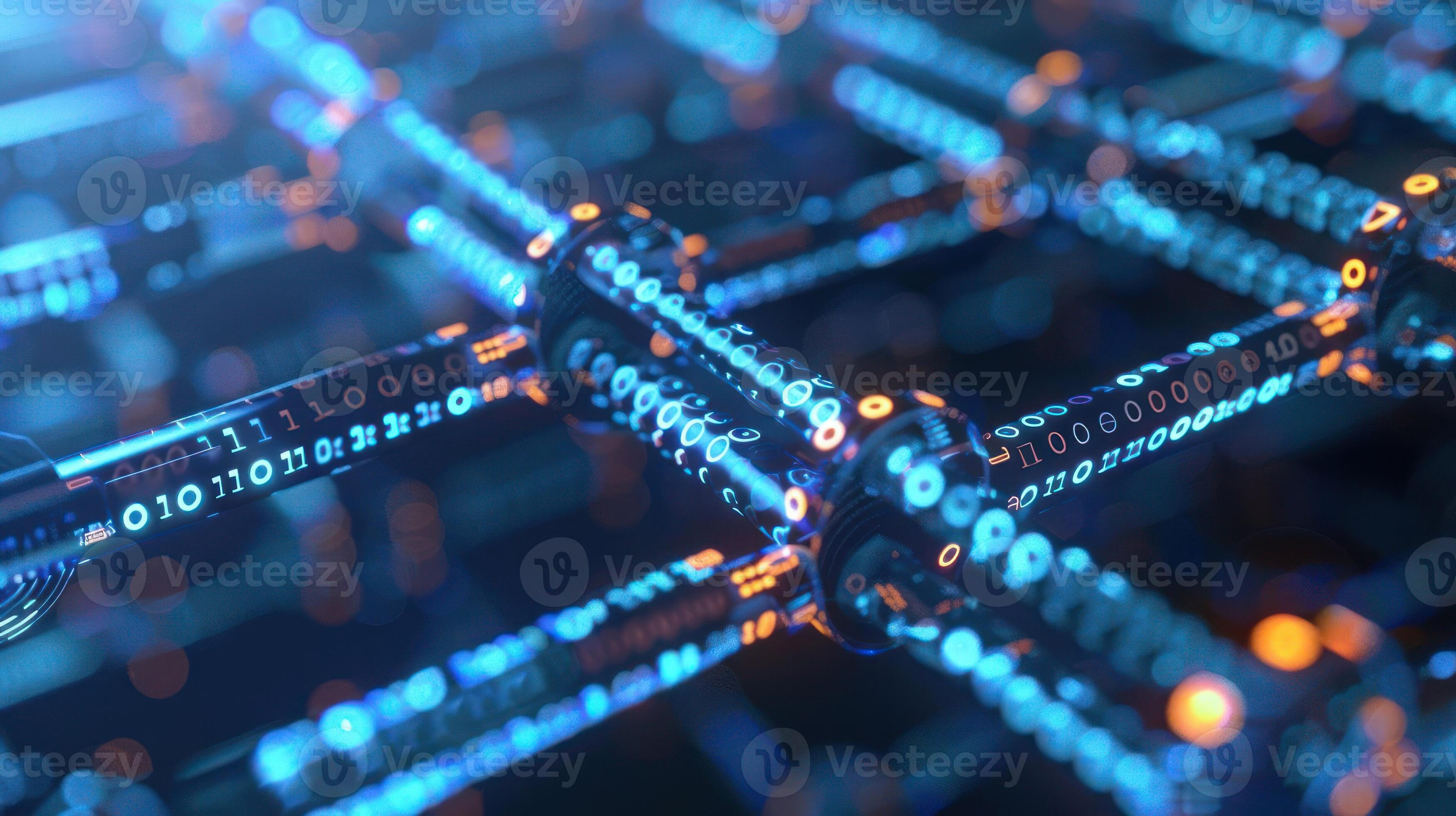 Futuristic digital network with glowing binary data and interconnected nodes in a tech ...