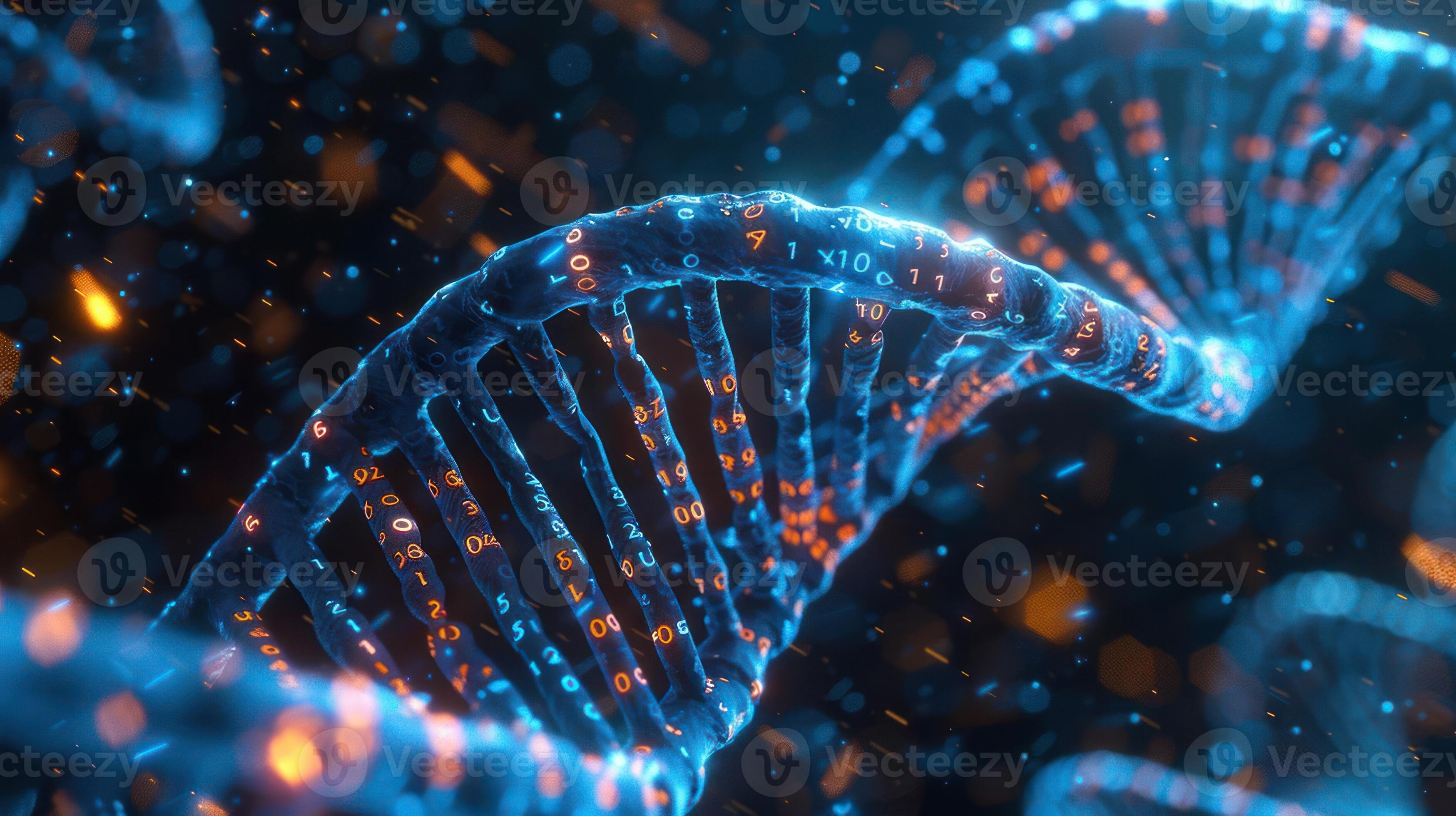 Abstract Representation Of Dna Strands With Binary Code Glowing In A Digital Environment